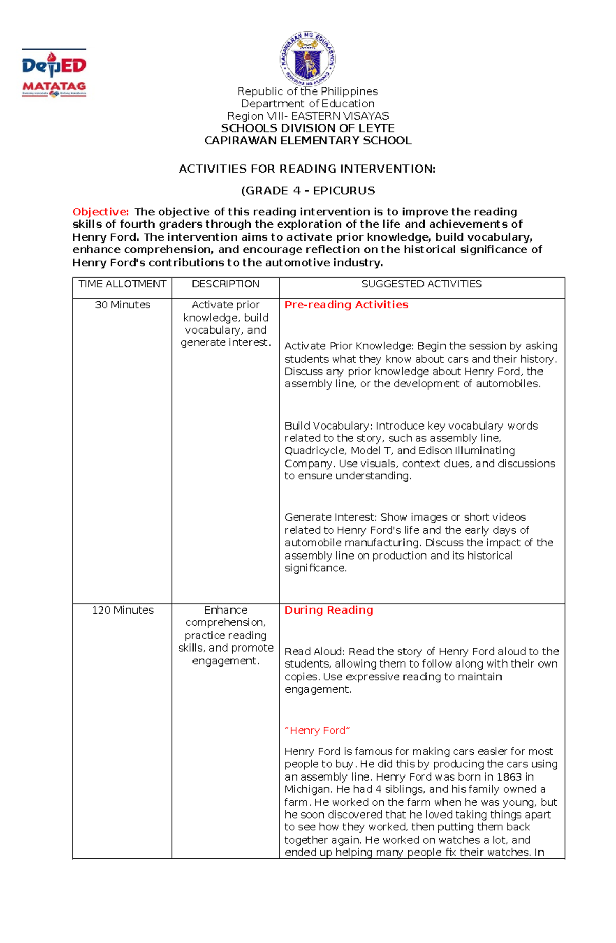 Activities FOR Reading Intervention - Republic of the Philippines ...
