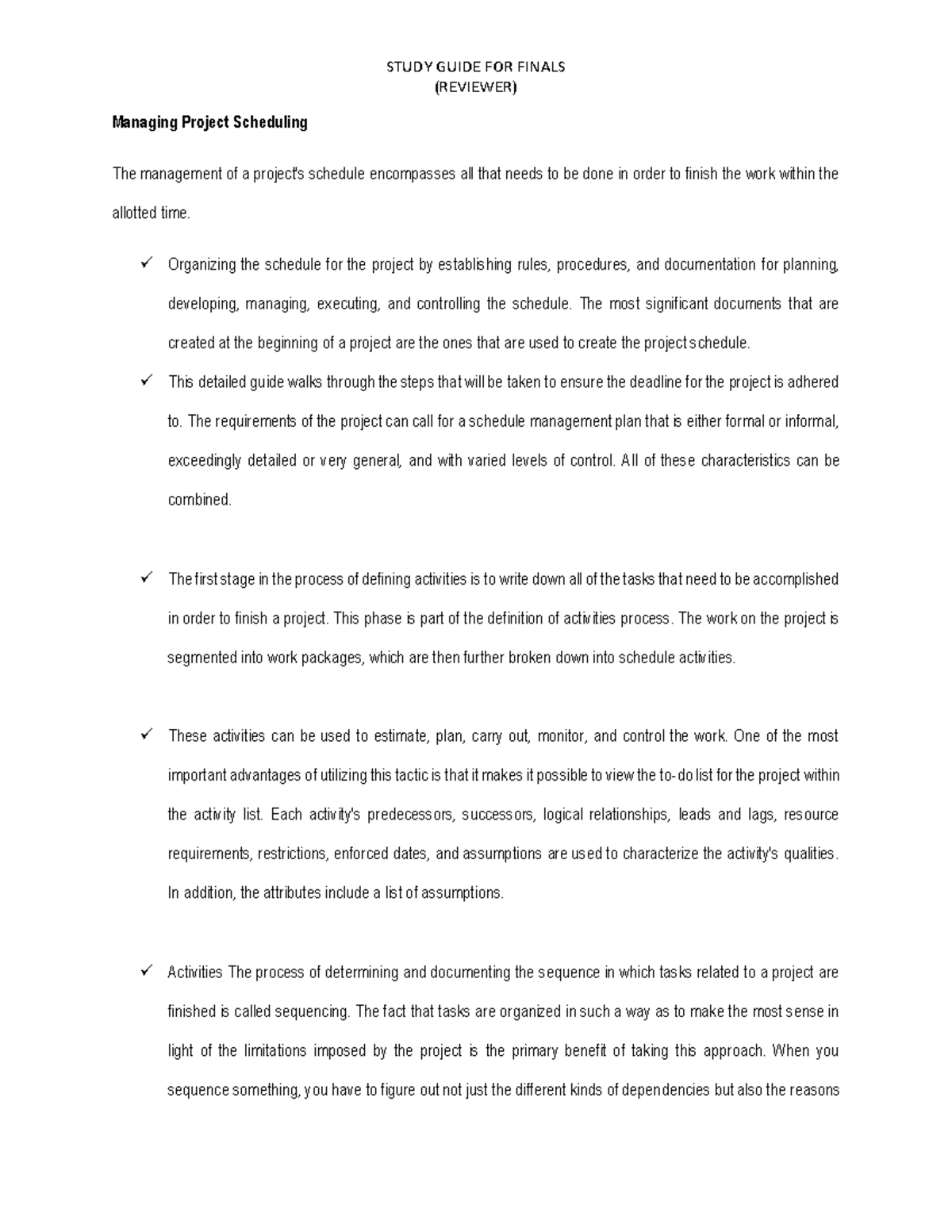 Managing Project Scheduling Reviewer - STUDY GUIDE FOR FINALS (REVIEWER ...