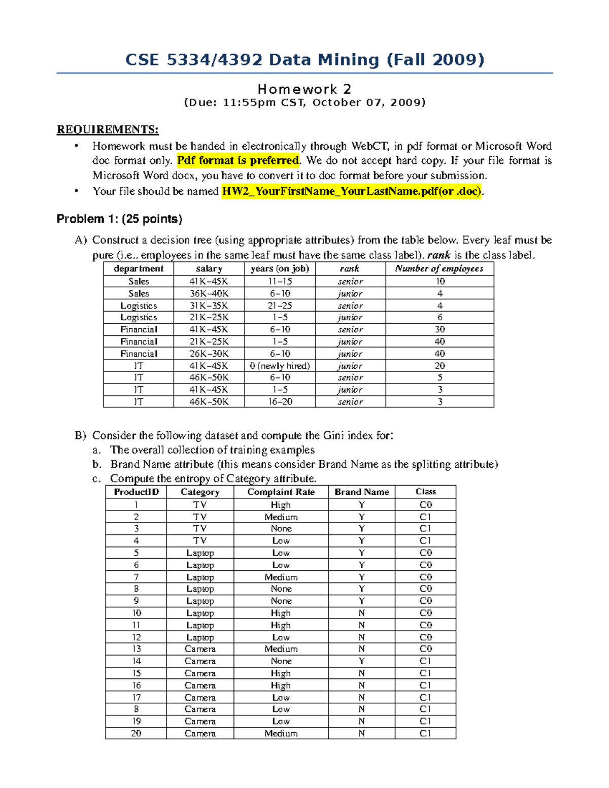 Homework 2 - Data Science - CSE 5334/4392 Data Mining (Fall 2009 ...