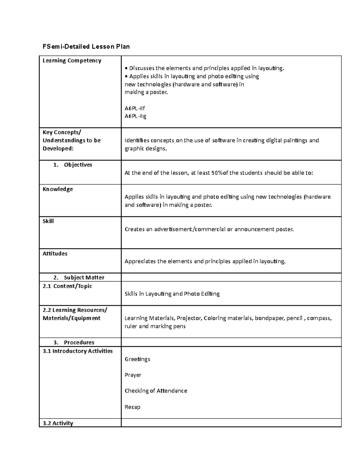 Semi-Detailed Lesson Plan 3 - FSemi-Detailed Lesson Plan Learning ...