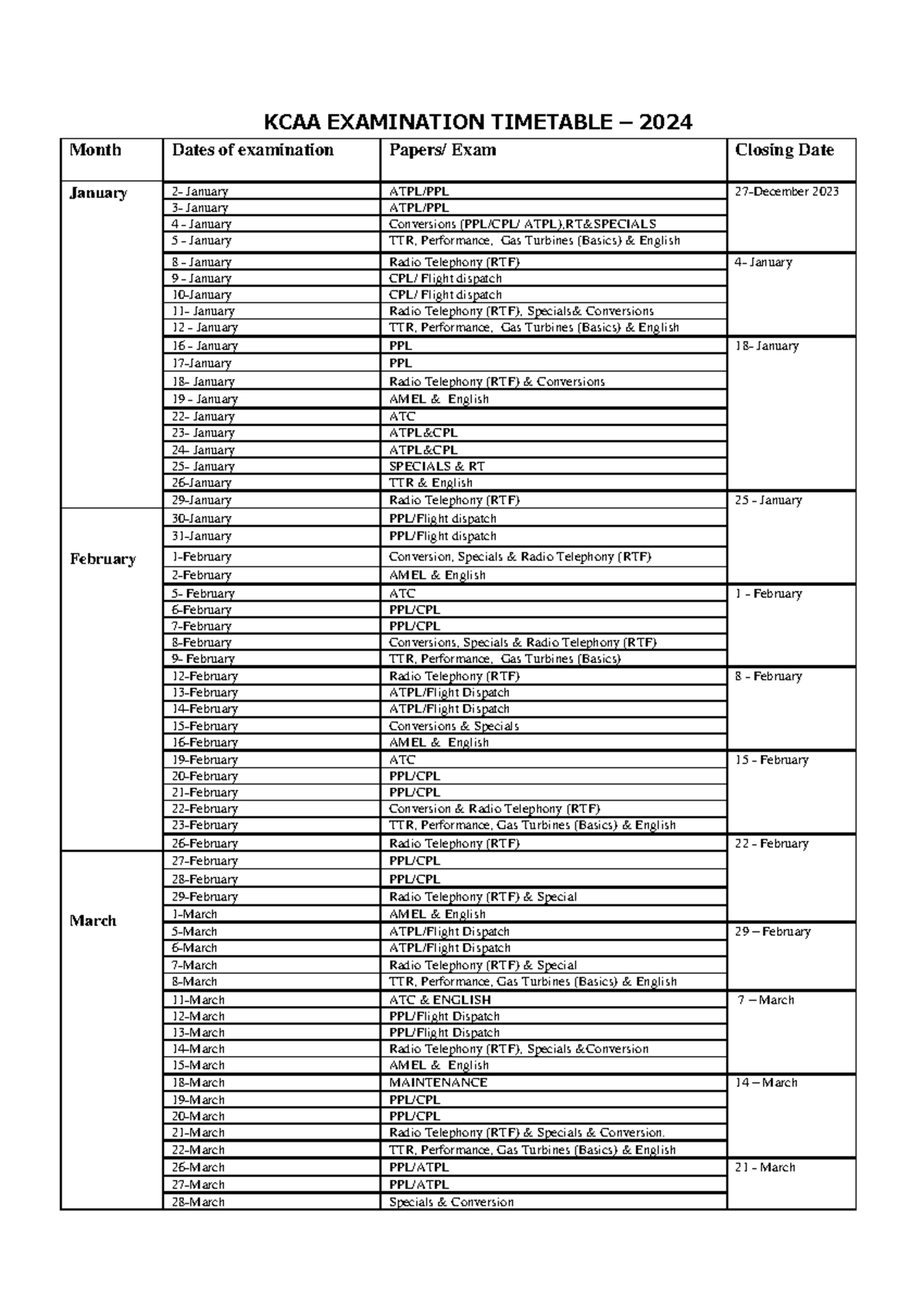 KCAA- Examinations- Timetable-2024 - KCAA EXAMINATION TIMETABLE – 2024 ...