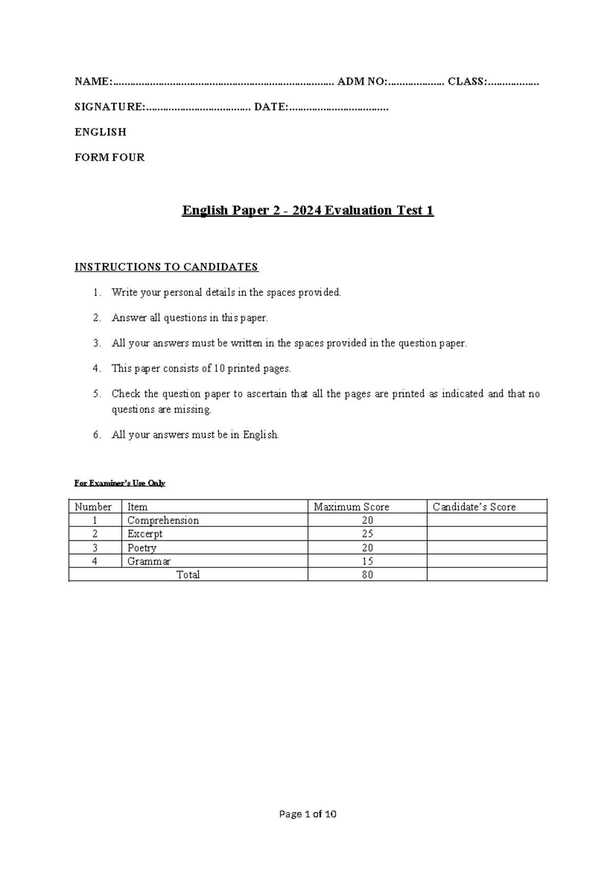 English Paper 2 - 2024 Evaluation Test 1 - - Studocu