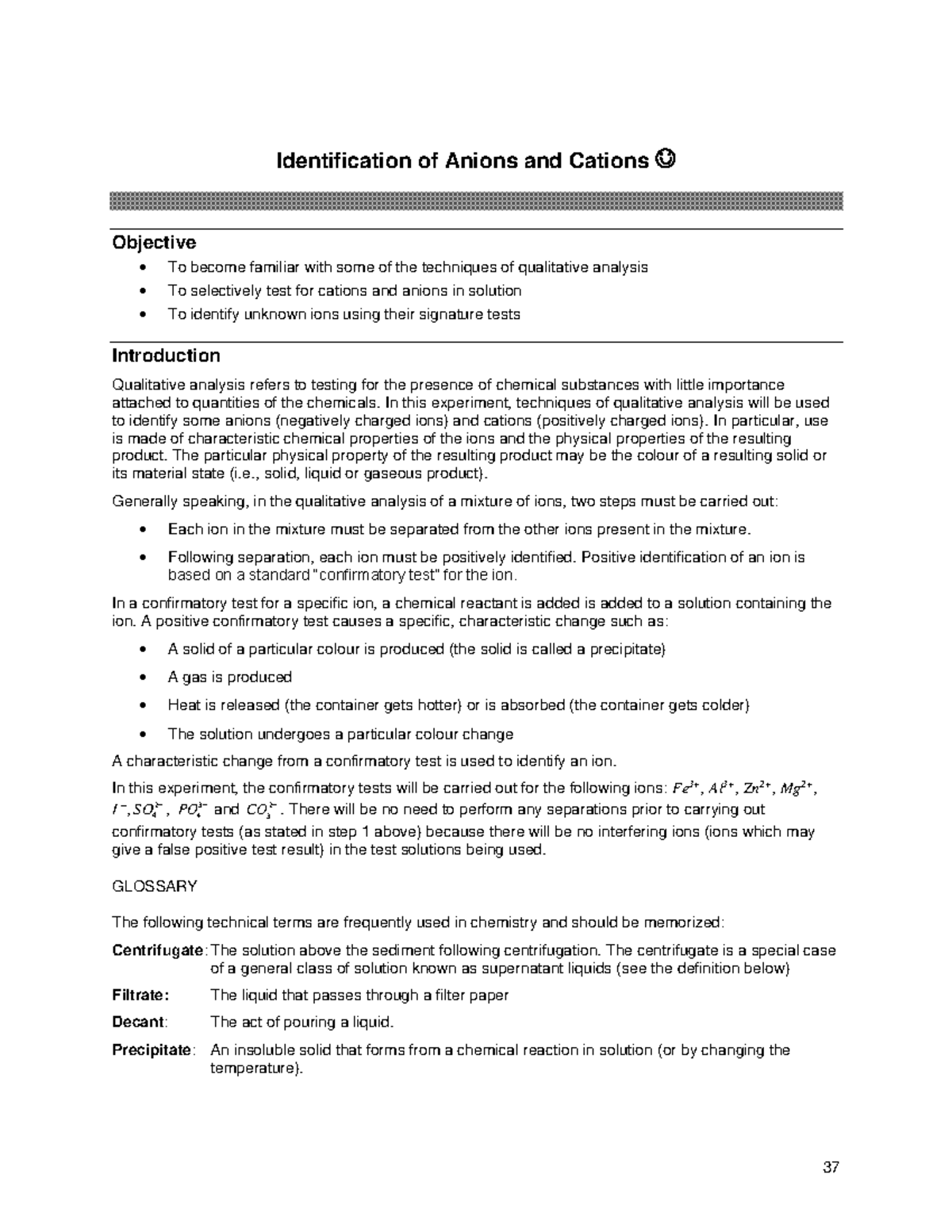Lab5 manual - Identification of Anions and Cations ☺ Objective To ...