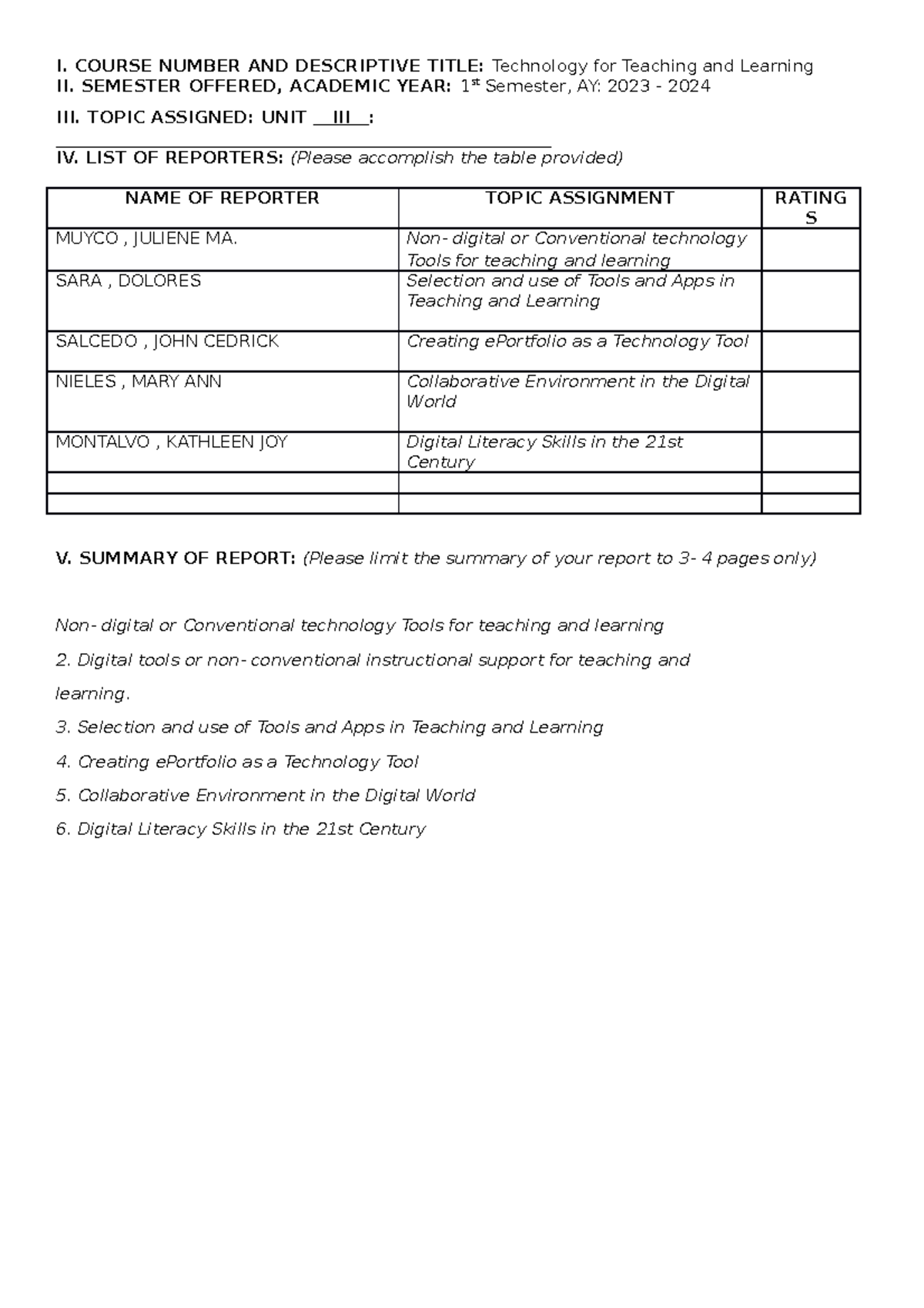 Summary of Report Template - I. COURSE NUMBER AND DESCRIPTIVE TITLE ...