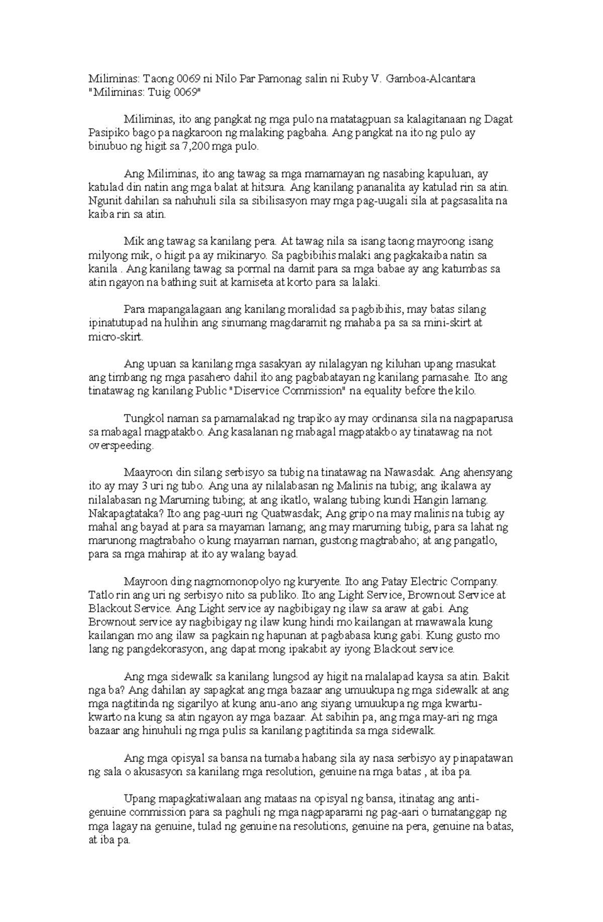 Panitikan Hinggil sa Isyung Panlipunan at Pamahalaan - Miliminas: Taong ...