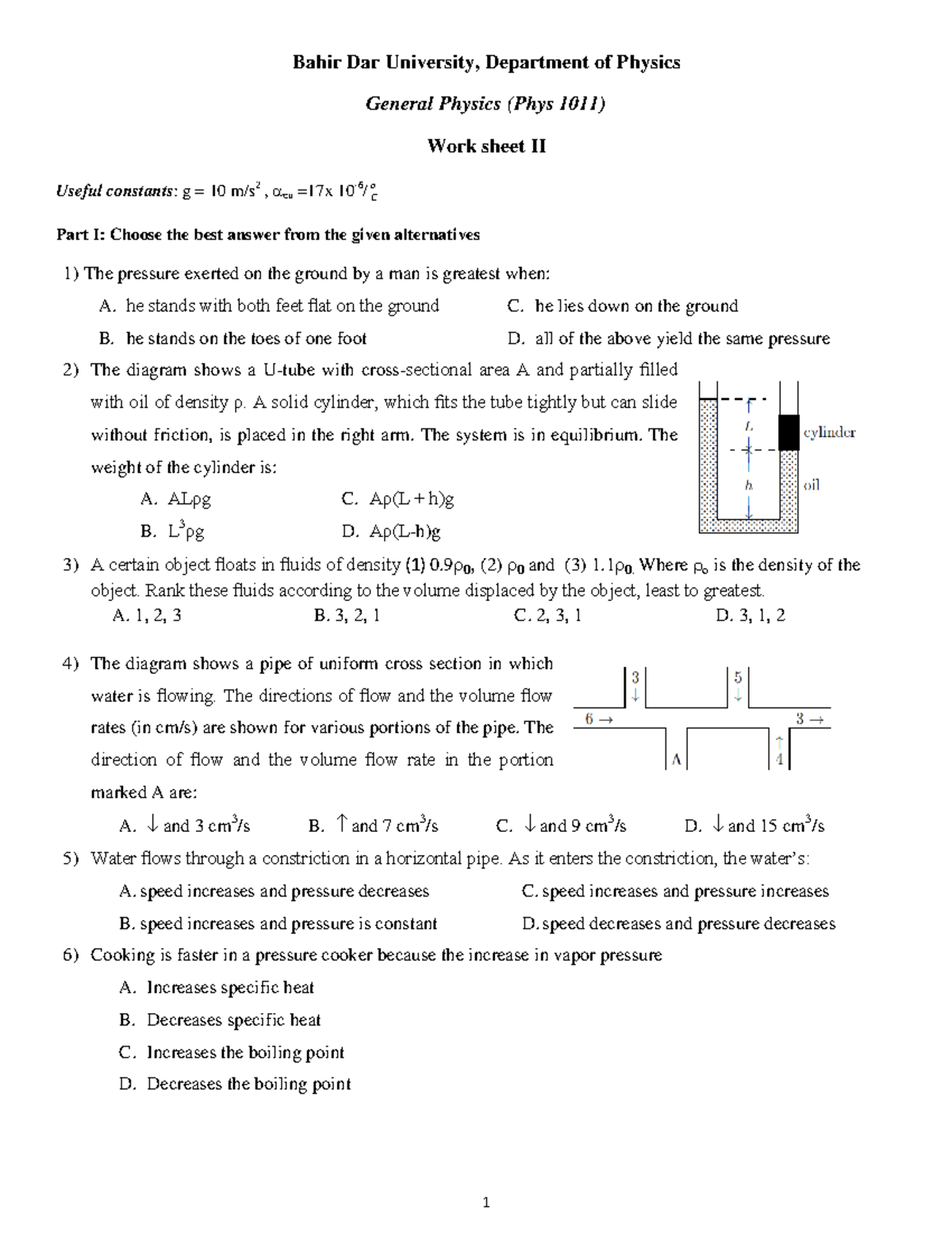 Phys 1011 Worksheet II and Assignment II 2015 E.C - Bahir Dar ...