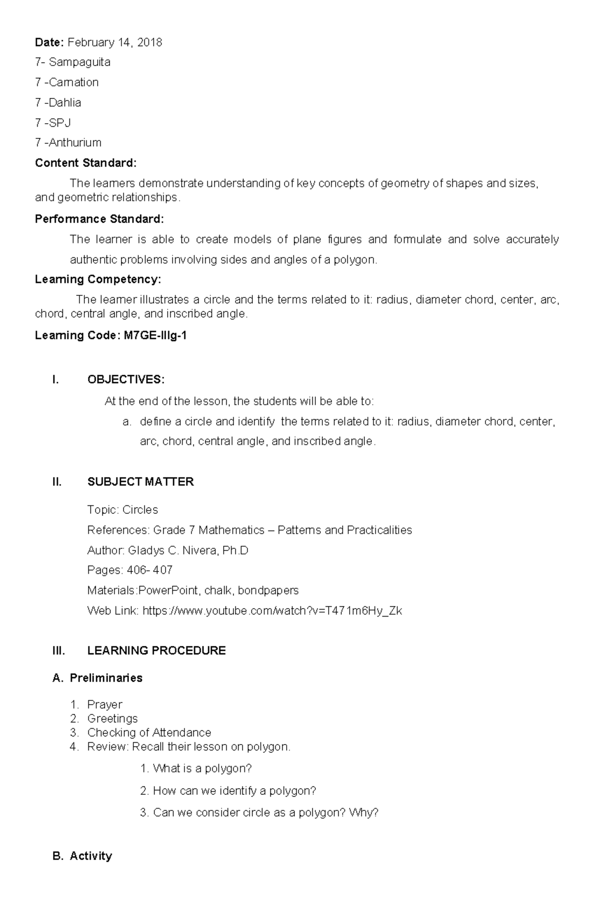 Circles- Lesson-PLAN - Date: February 14 , 2018 7- Sampaguita 7 ...