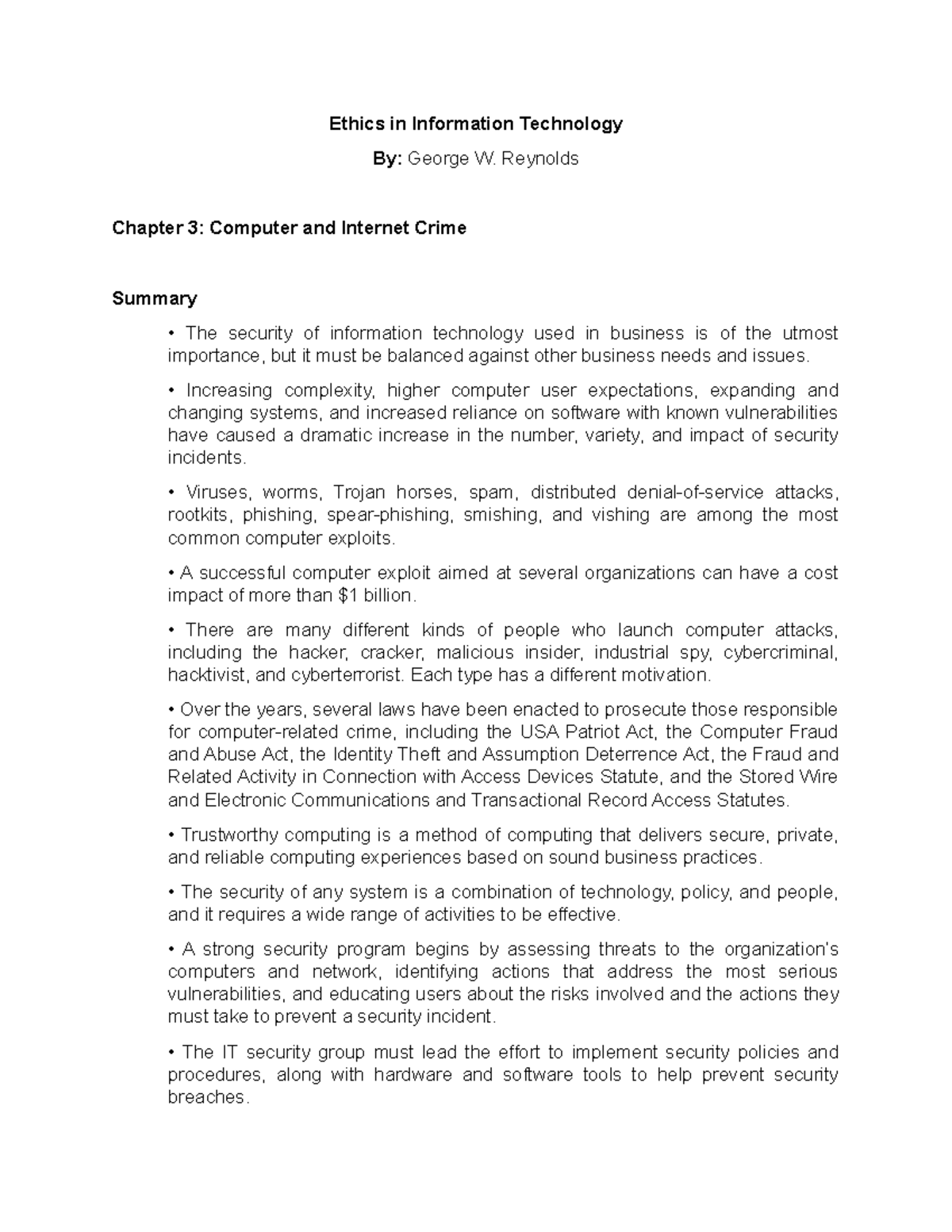 Summary and Key Terms Chapter 3 Computer and Internet Crime - Ethics in ...