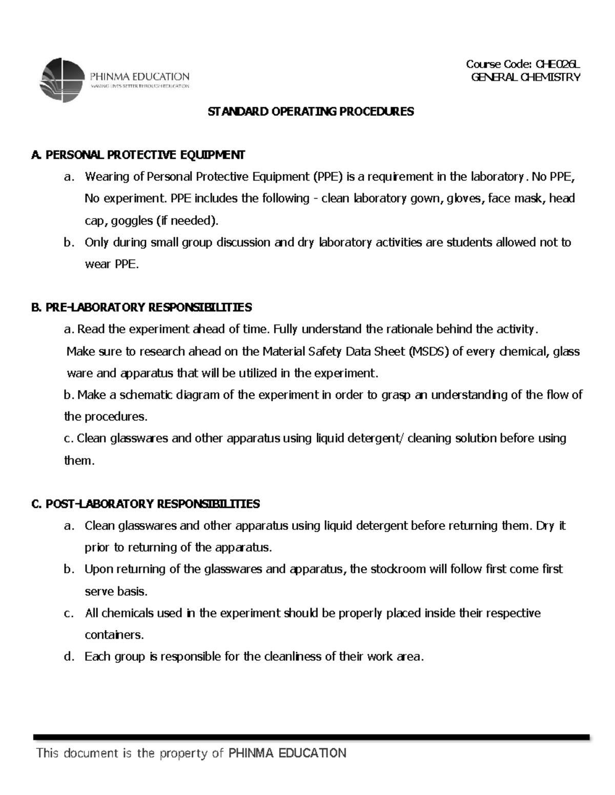 CHE 026L LAS 0-LAB SOP Safety Protocols - GENERAL CHEMISTRY STANDARD ...