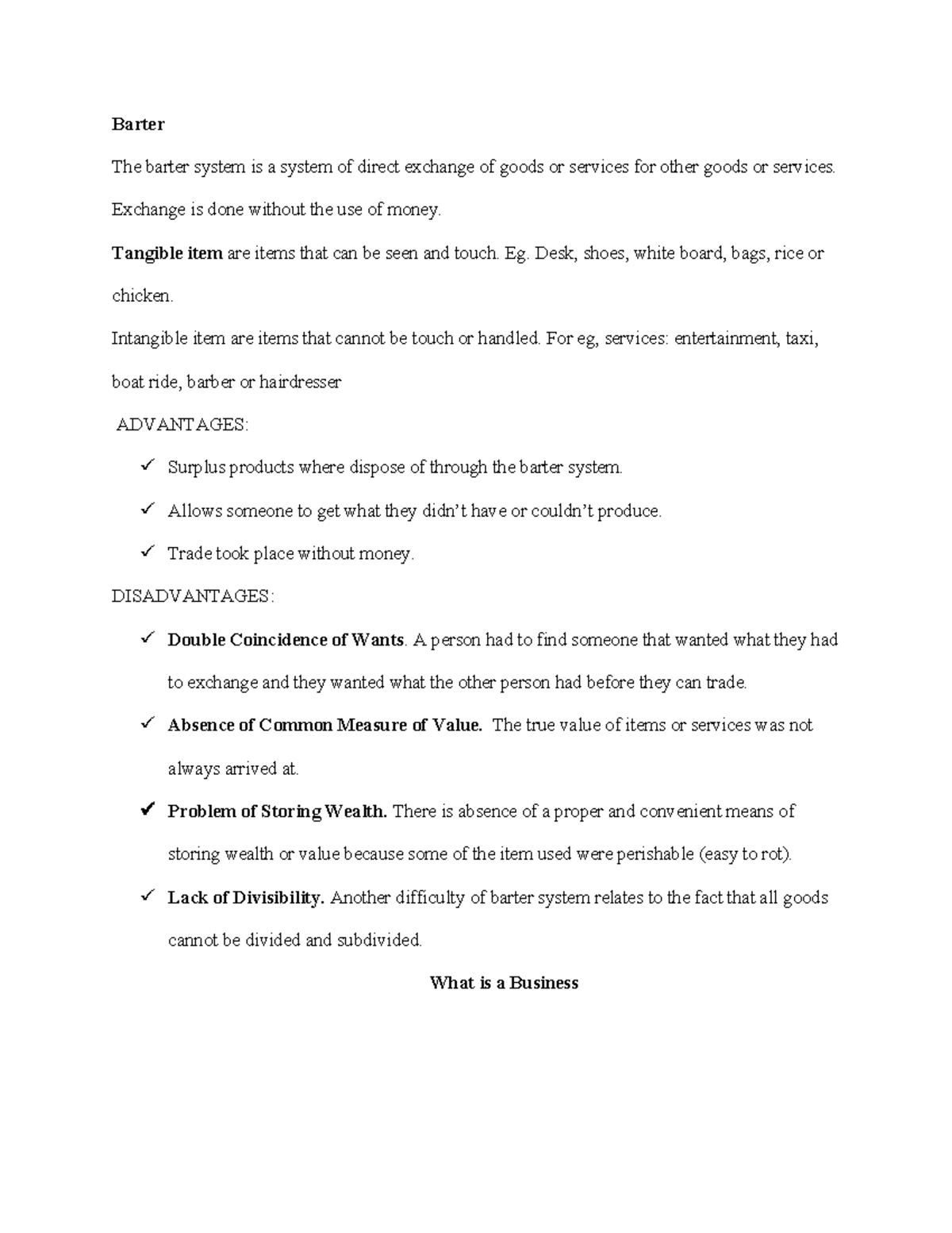 Business Basics Notes - Barter The barter system is a system of direct ...