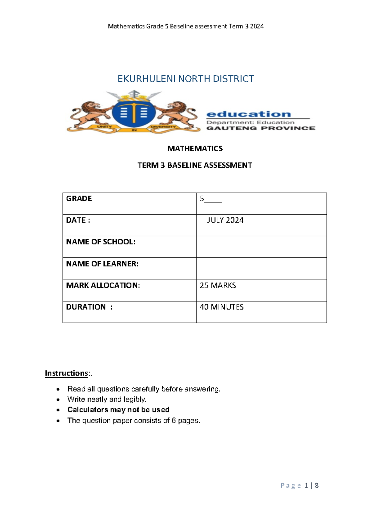 Grade 5 Baseline assessment Term 3 Mathematics 20 240626 221809 ...