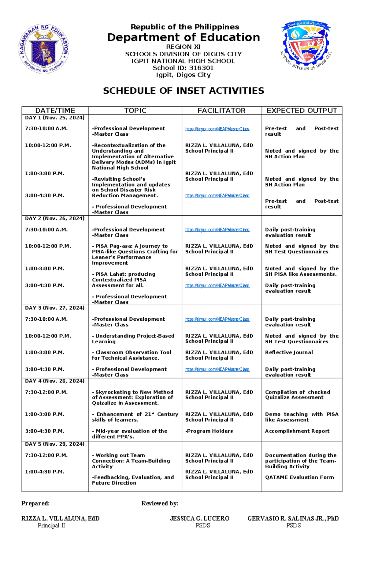 Inset sched of activities - Republic of the Philippines Department of ...