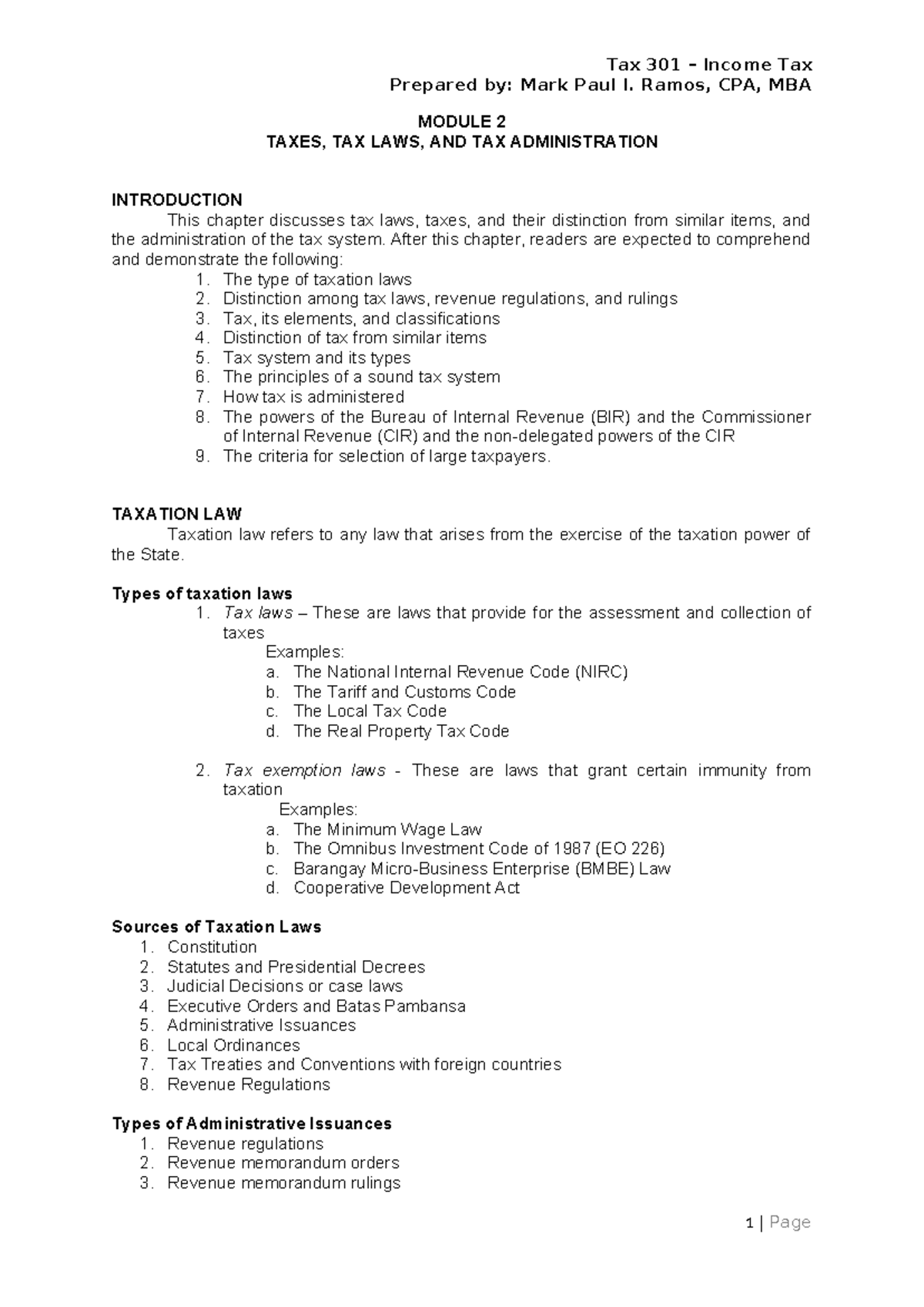 Module 2 - Taxes, Tax Law, and Tax Administration - Prepared by: Mark ...