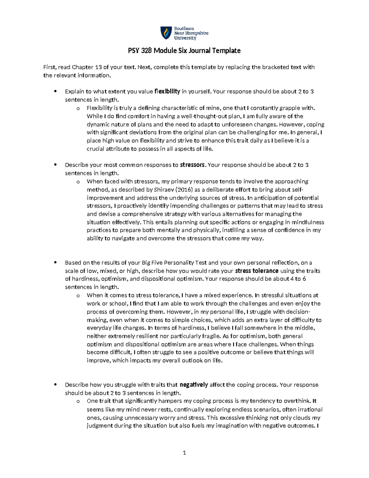 PSY 328 Module Six Journal - Next, complete this template by replacing the bracketed text with ...