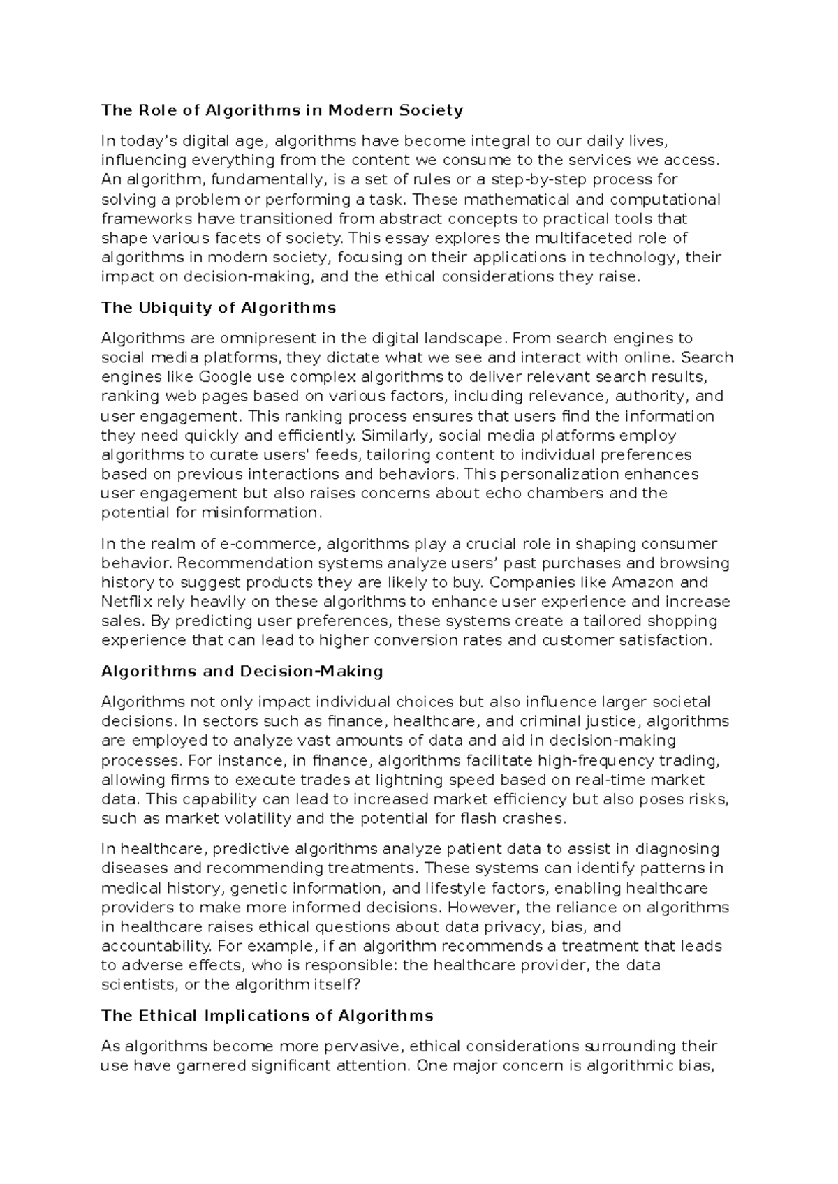 The Role of Algorithms in Modern Society - An algorithm, fundamentally, is a set of rules or a ...