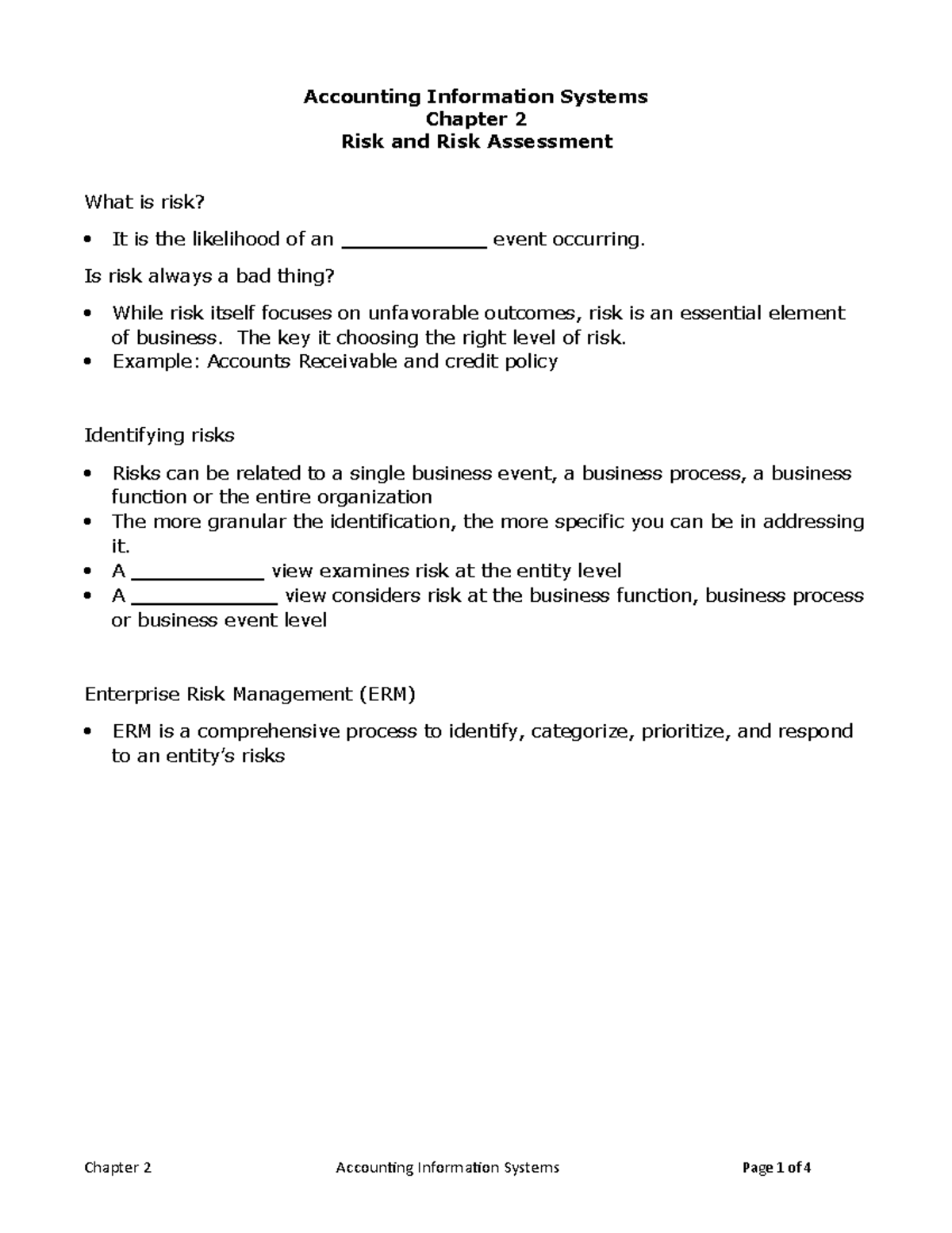Accounting Information Systems Chapter 2 Risk and Risk Assessment - Studocu