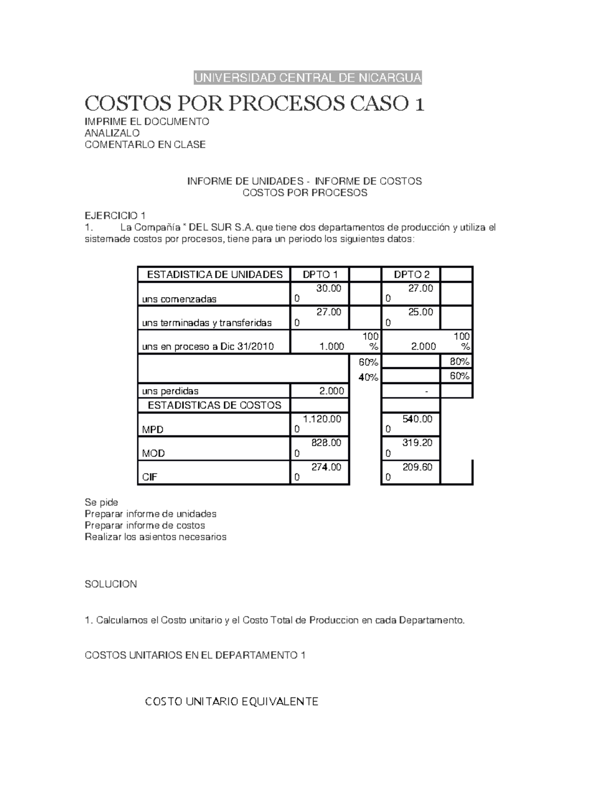 Ejercicio Resuelto DE Costos POR Procesos - UNIVERSIDAD CENTRAL DE NICARGUA COSTOS POR PROCESOS ...