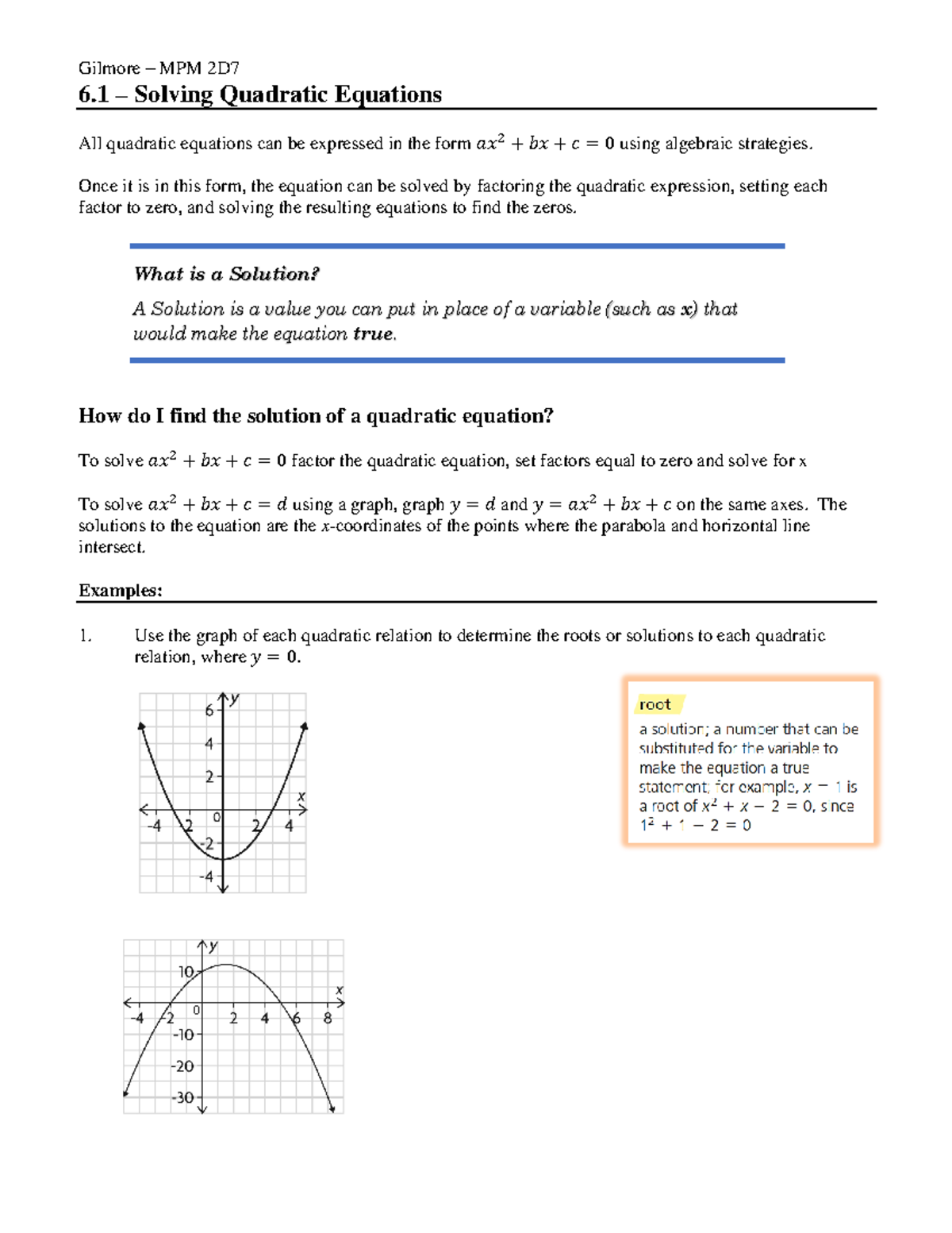 6.1 - Solving Quadratic Equations (2021) - Gilmore – MPM 2D 6 – Solving ...