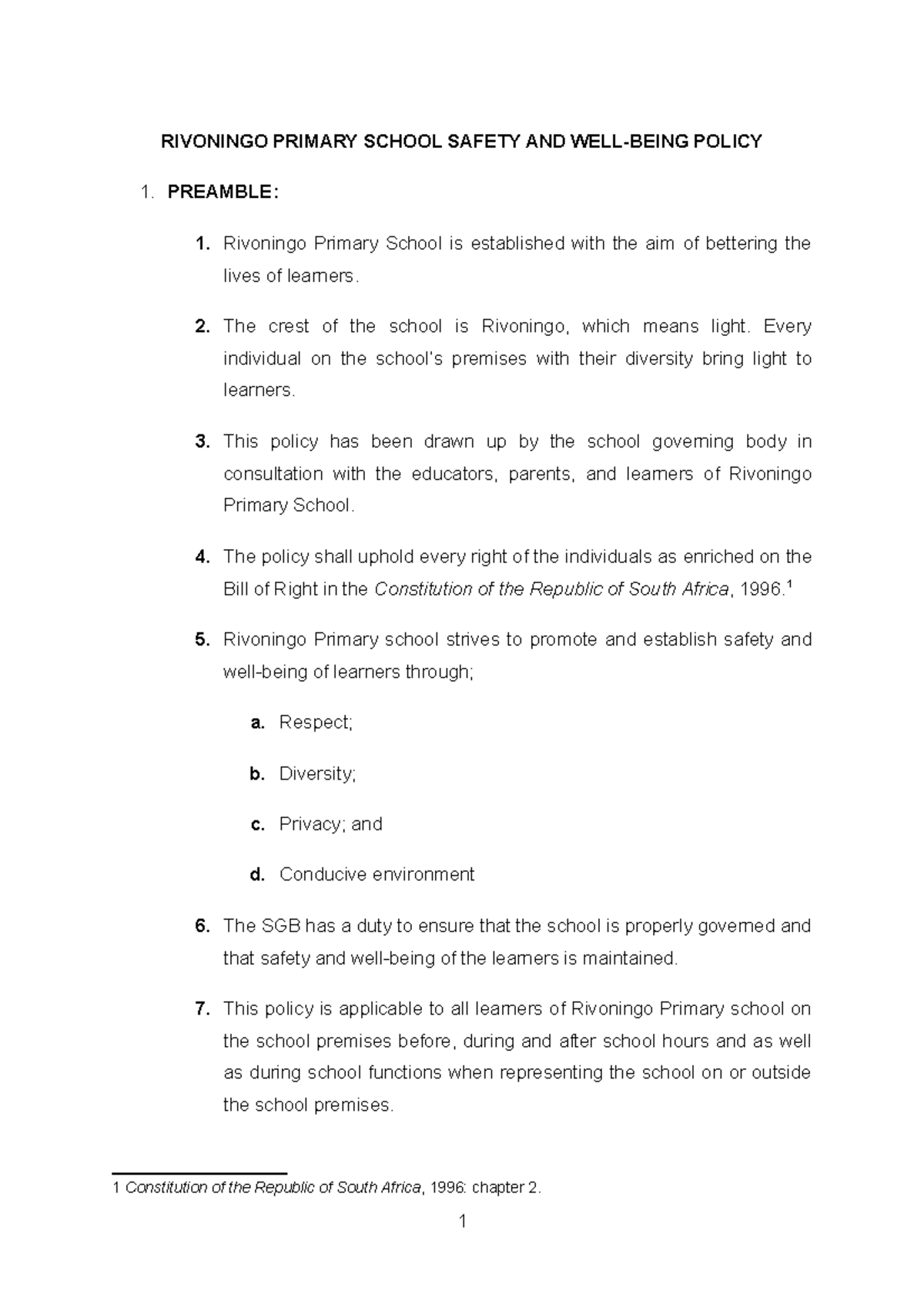 Rivoningo Policy - POLIY - RIVONINGO PRIMARY SCHOOL SAFETY AND WELL ...