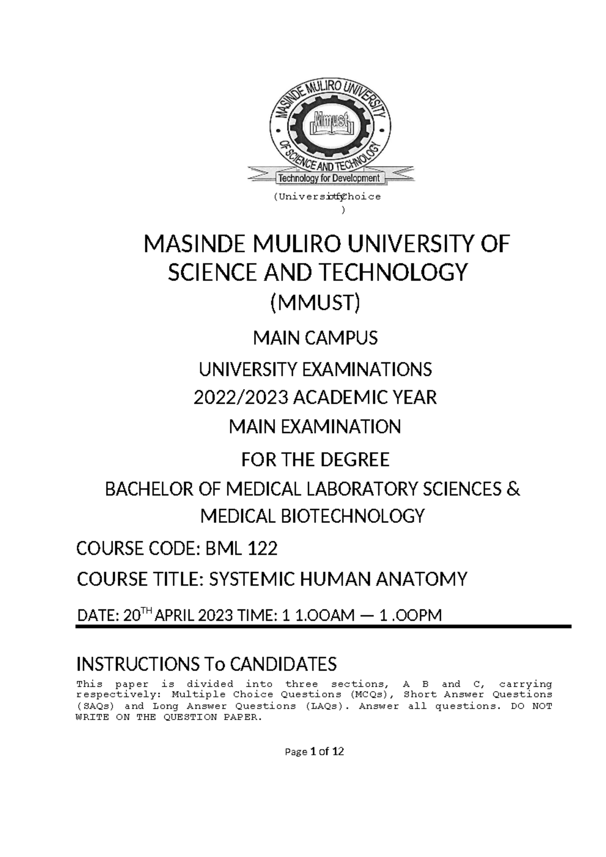 BML 122 anatomy - its possible - MASINDE MULIRO UNIVERSITY OF SCIENCE ...