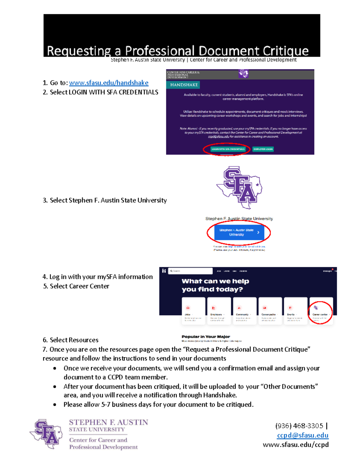 Steps to having document critiqued - Go to: sfasu/handshake Select ...