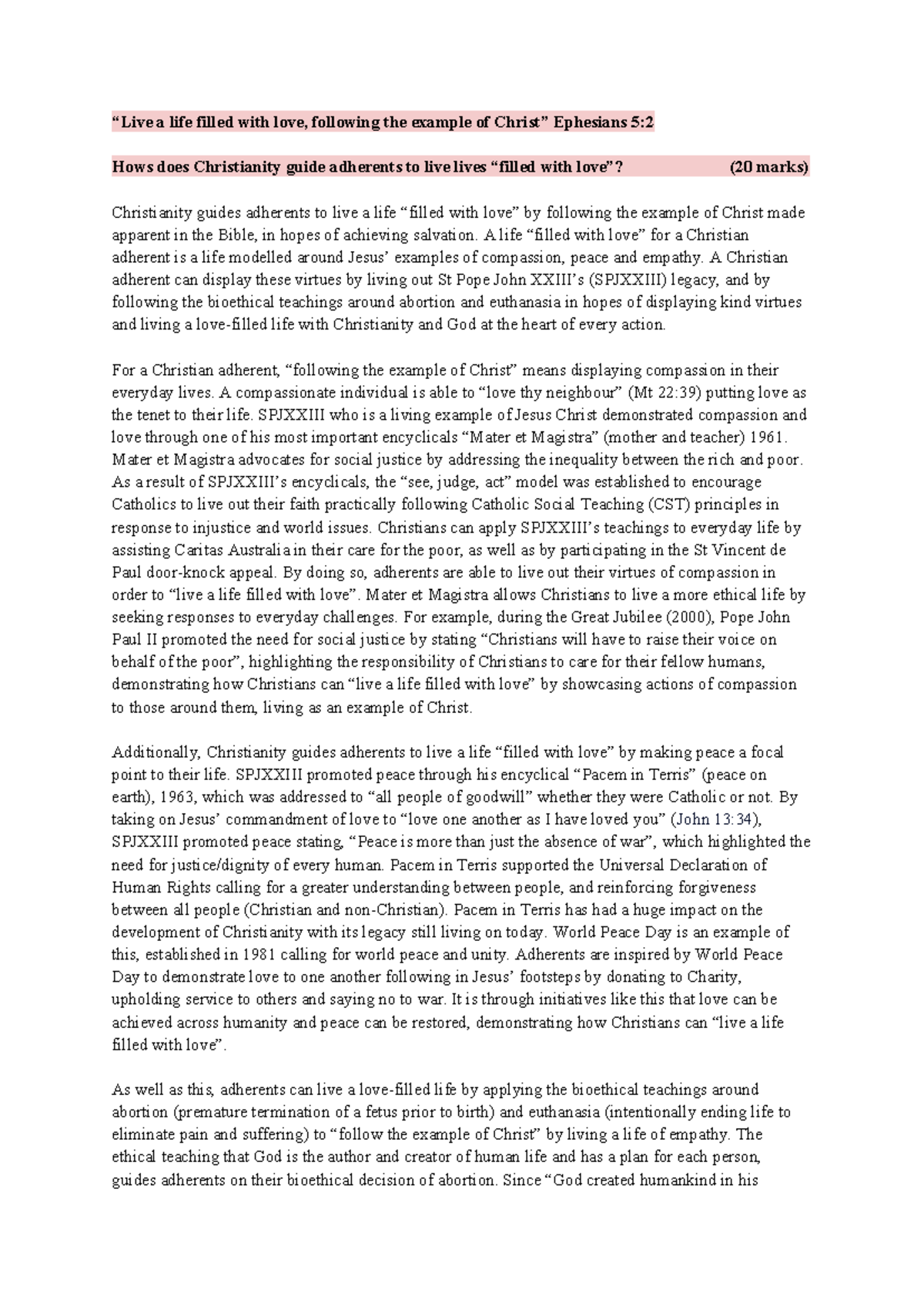 HSC Christianity Essay - “Live a life filled with love, following the ...