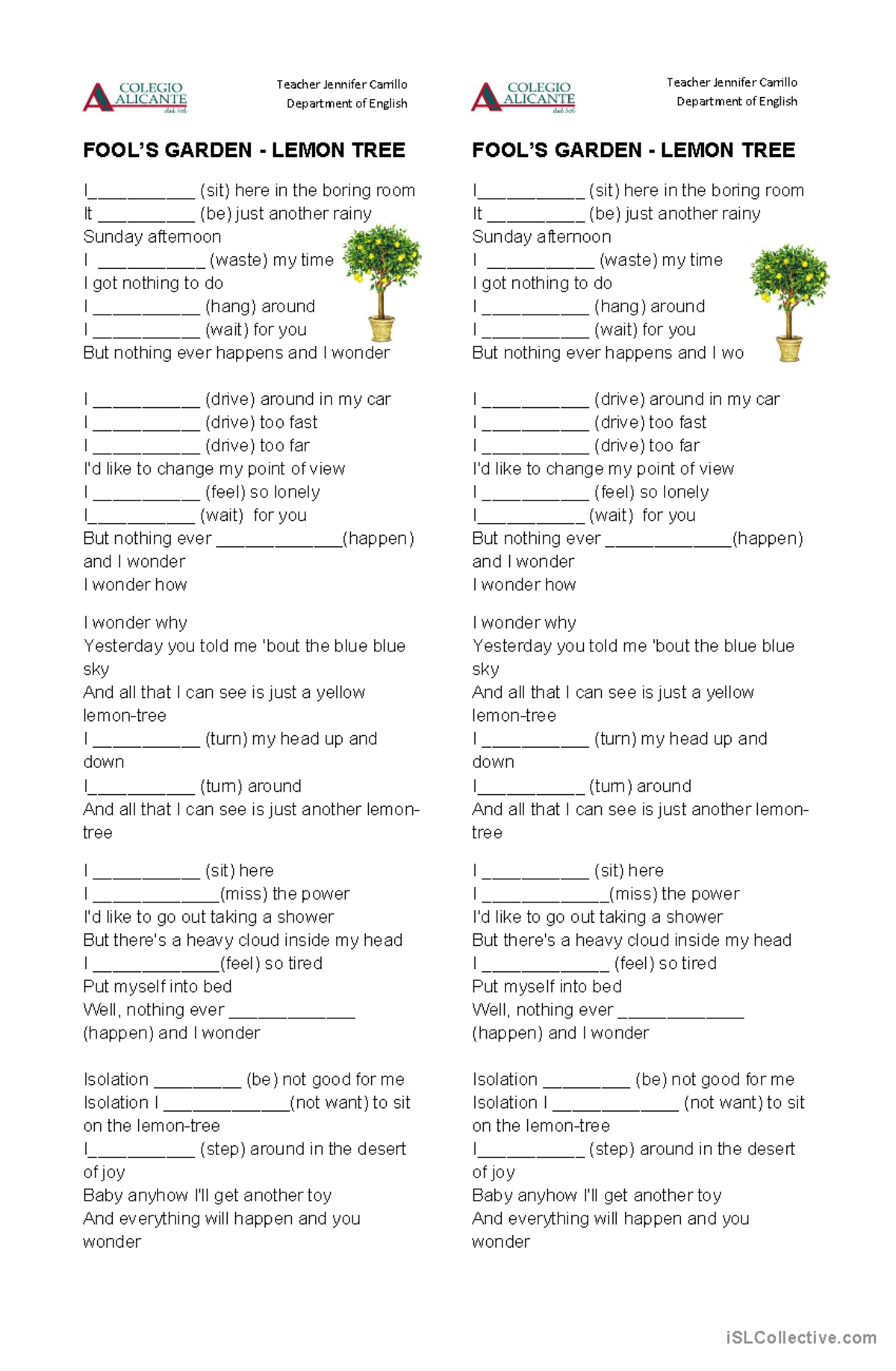 Lemon tree Song Worksheet - FOOL’S GARDEN - LEMON TREE I ...