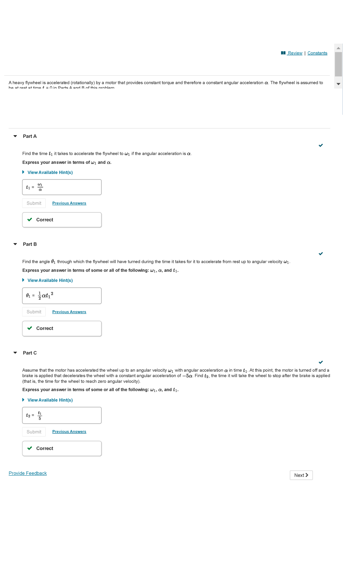 Mastering Physics Ch. 9, Flywheel Kinematics - Next A heavy flywheel is ...