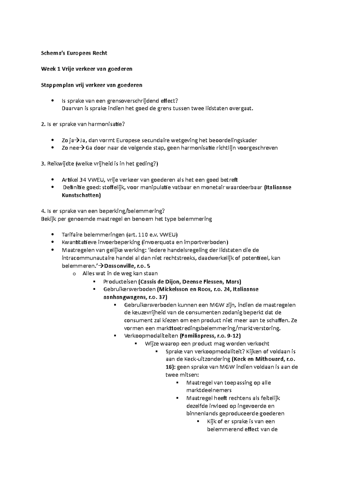 Schema Europees Recht - Schema’s Europees Recht Week 1 Vrije verkeer ...