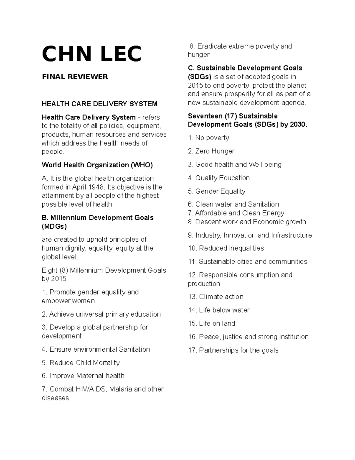 CHN LEC Finals Reviewer - CHN LEC FINAL REVIEWER HEALTH CARE DELIVERY ...