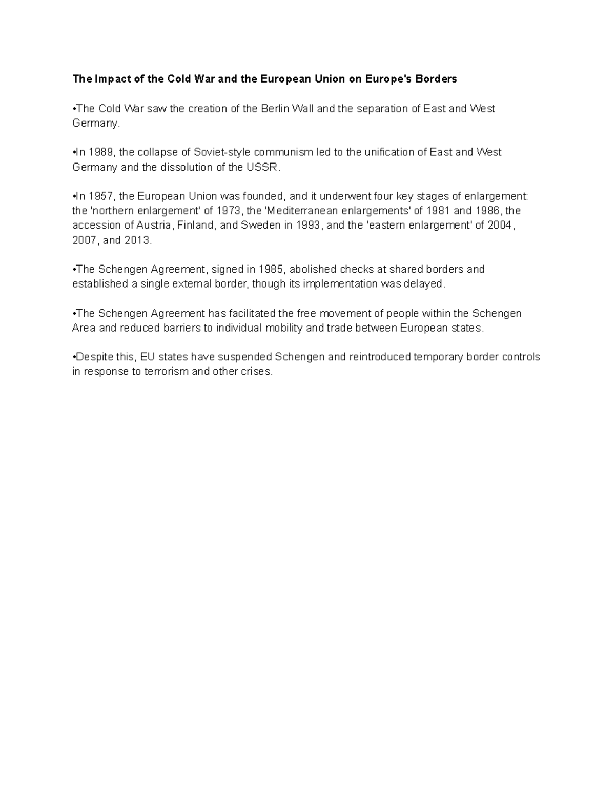 The Impact of the Cold War and the European Union on Europe's Borders - •In 1989, the collapse ...