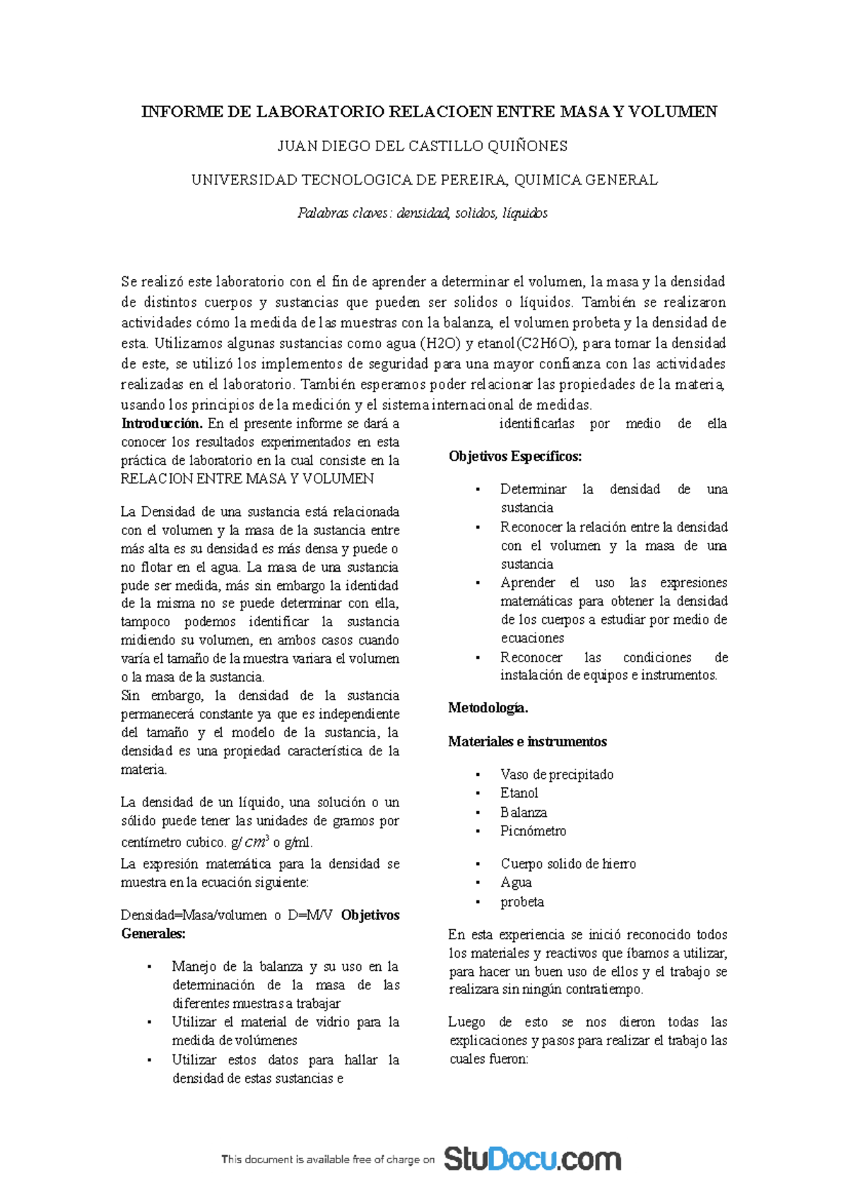 Informe De Laboratorio Relacion Entre Masa Y Volumen Informe De