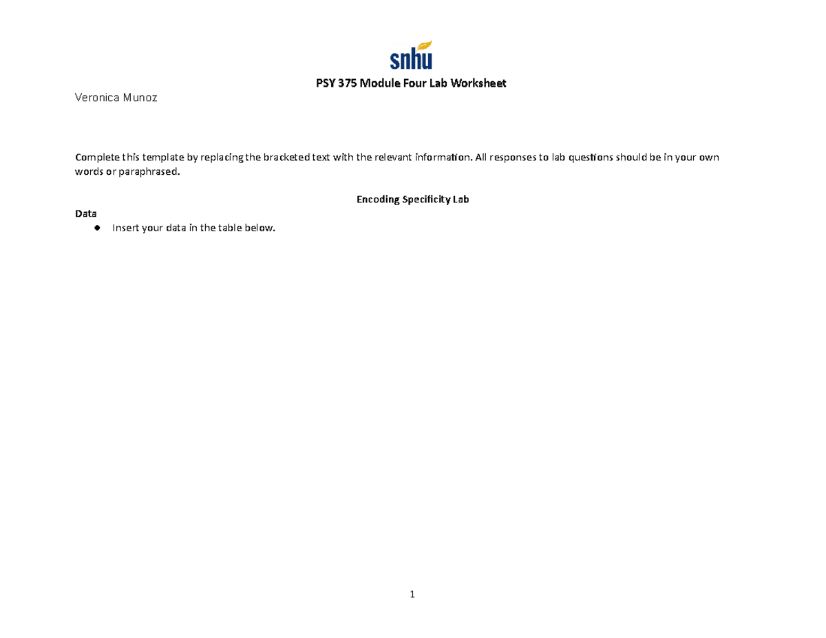 PSY 375 Module Four Lab Worksheet - Studocu