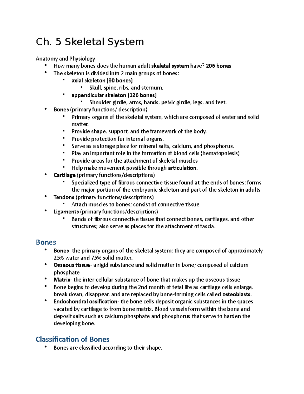 Ch. 5 Skeletal System - Lecture notes Ch. 5 - Ch. 5 Skeletal System ...