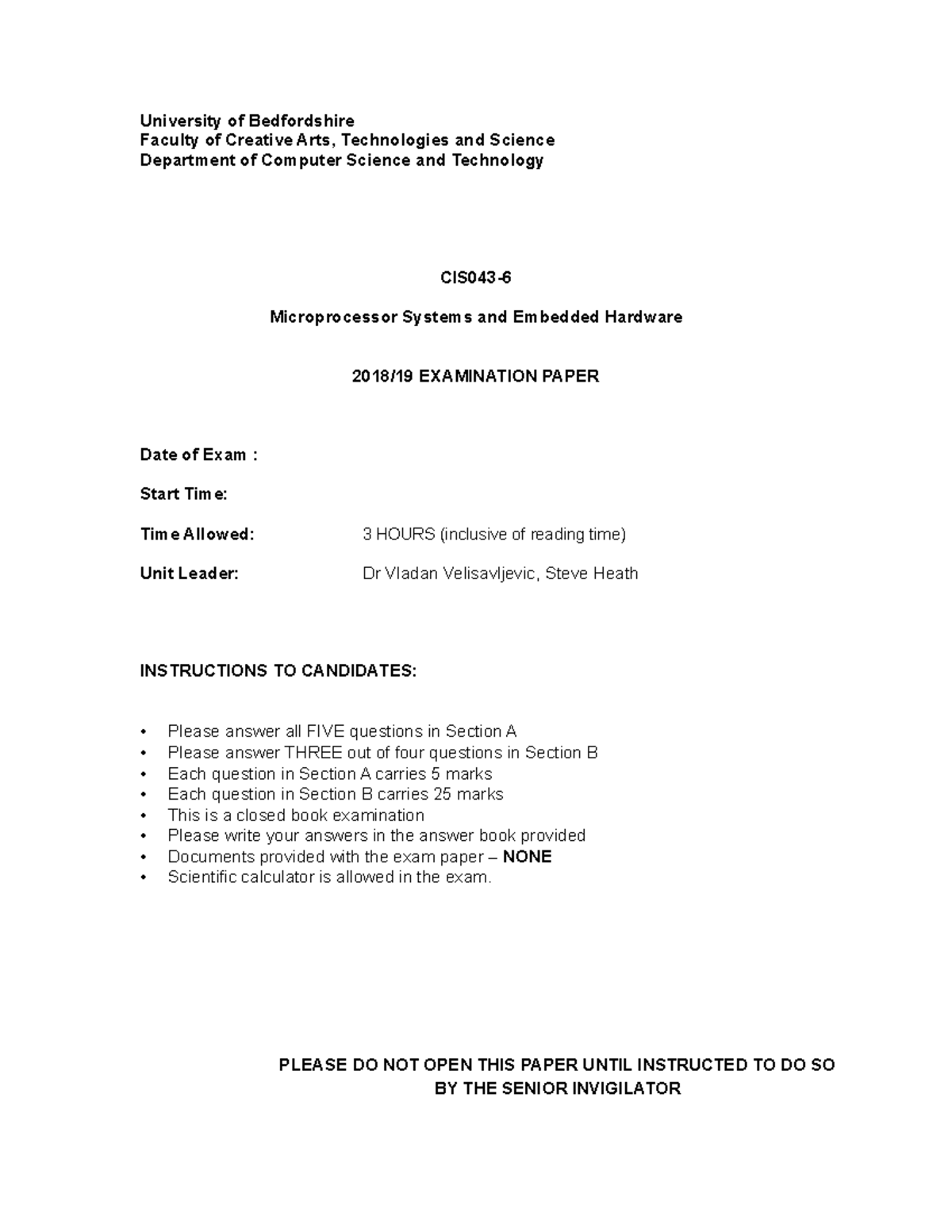 Exam 2018, questions - University of Bedfordshire Faculty of Creative ...