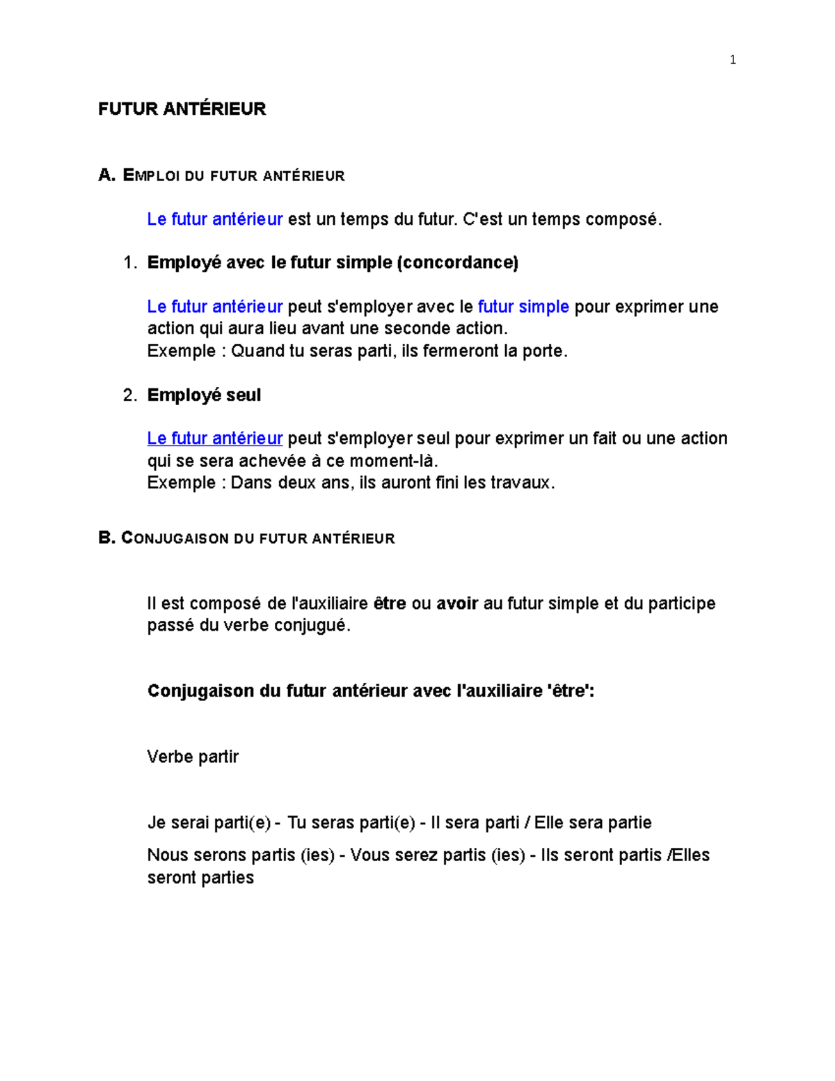 Futur antérieur - Grammar - 1 FUTUR ANTÉRIEUR A. EMPLOI DU FUTUR ...