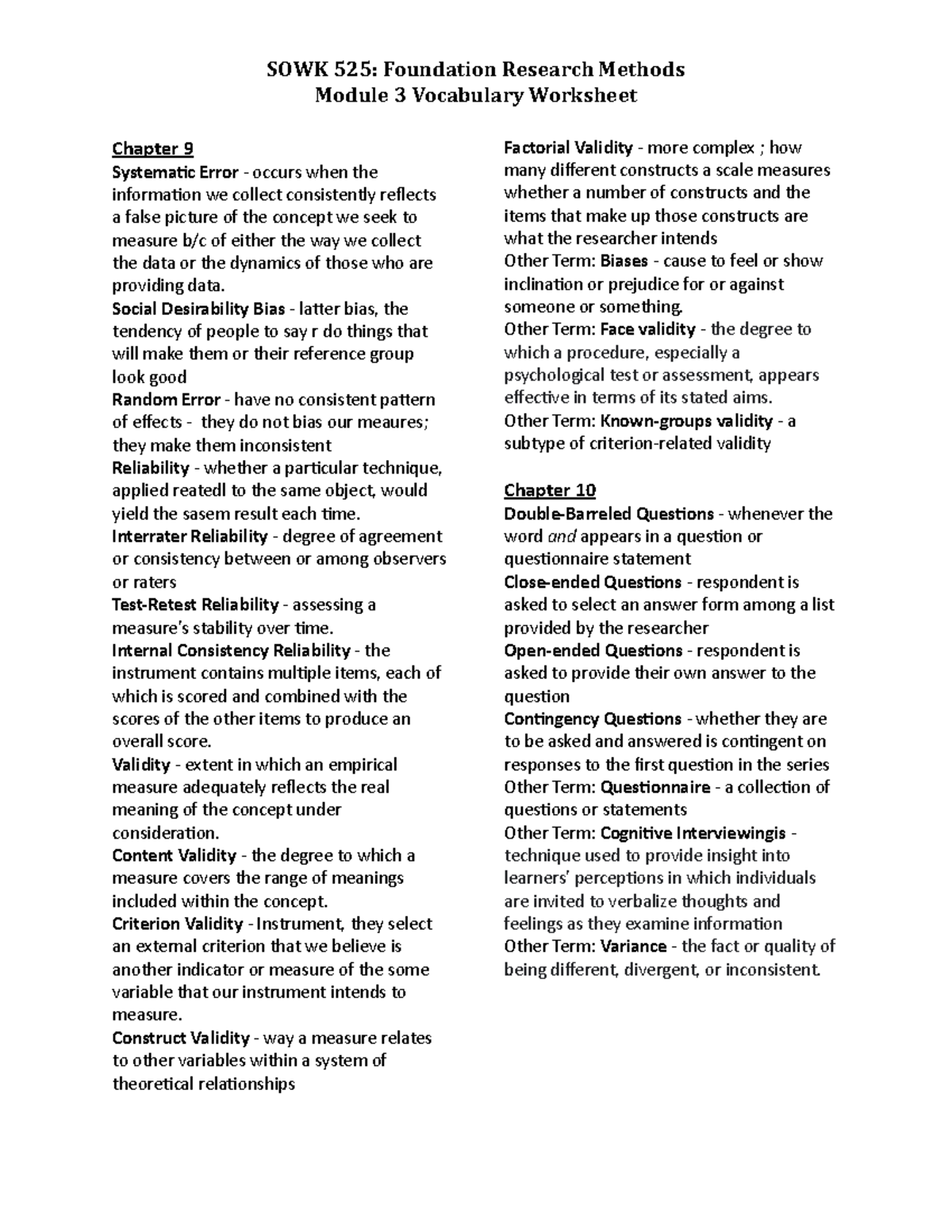 Module 3 Vocab Sheet. SOWK 525. JF - SOWK 525: Foundation Research Methods Module 3 Vocabulary ...