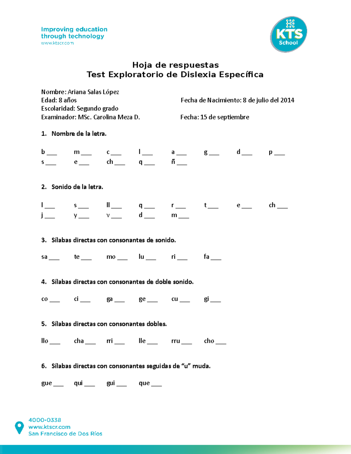 Test Exploratorio de Dislexia Específica - Hoja de respuestas Test ...
