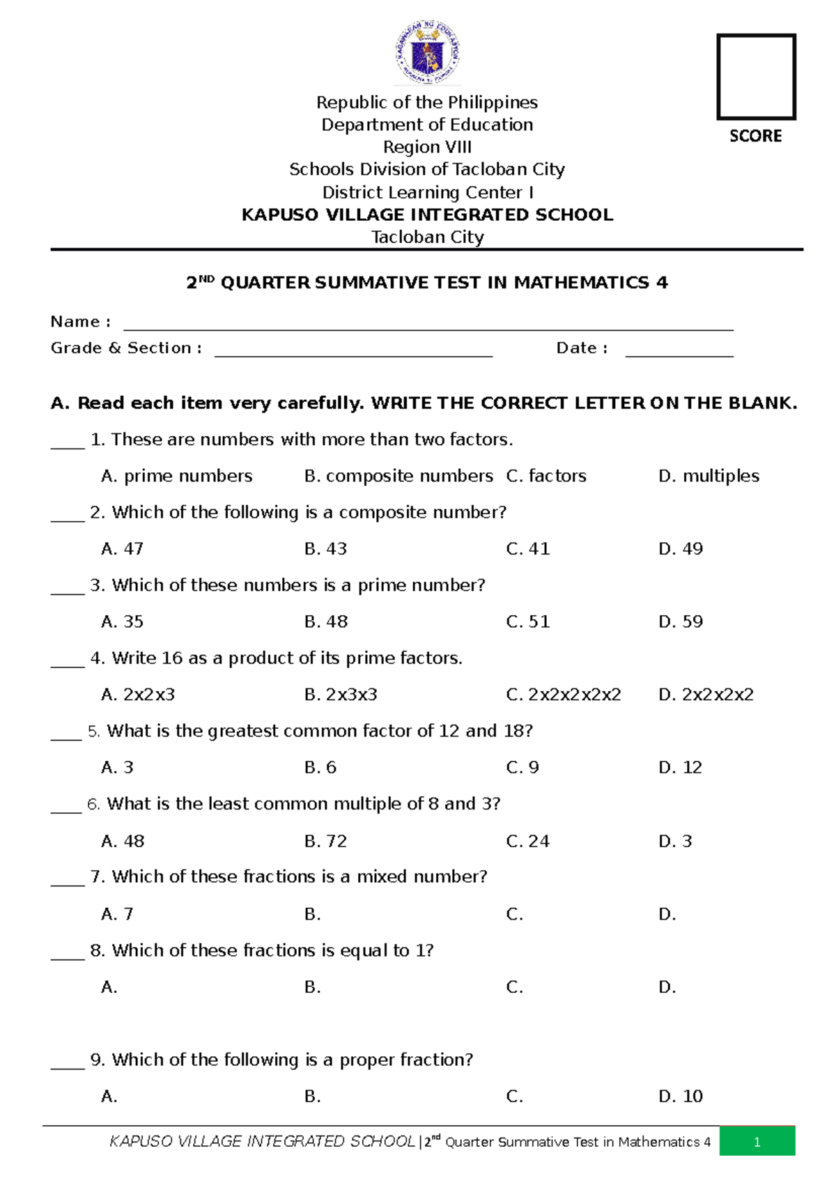 2Q Summative Test MATH - Republic of the Philippines Department of ...