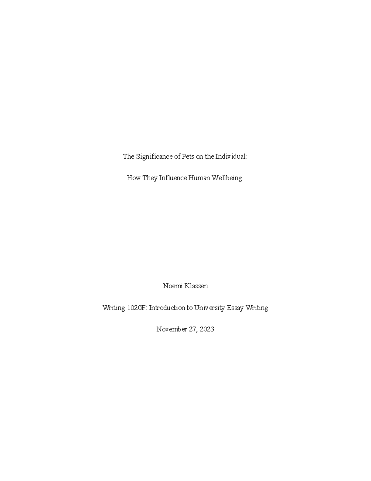 Klassen Research Paper 2023 - The Significance of Pets on the ...