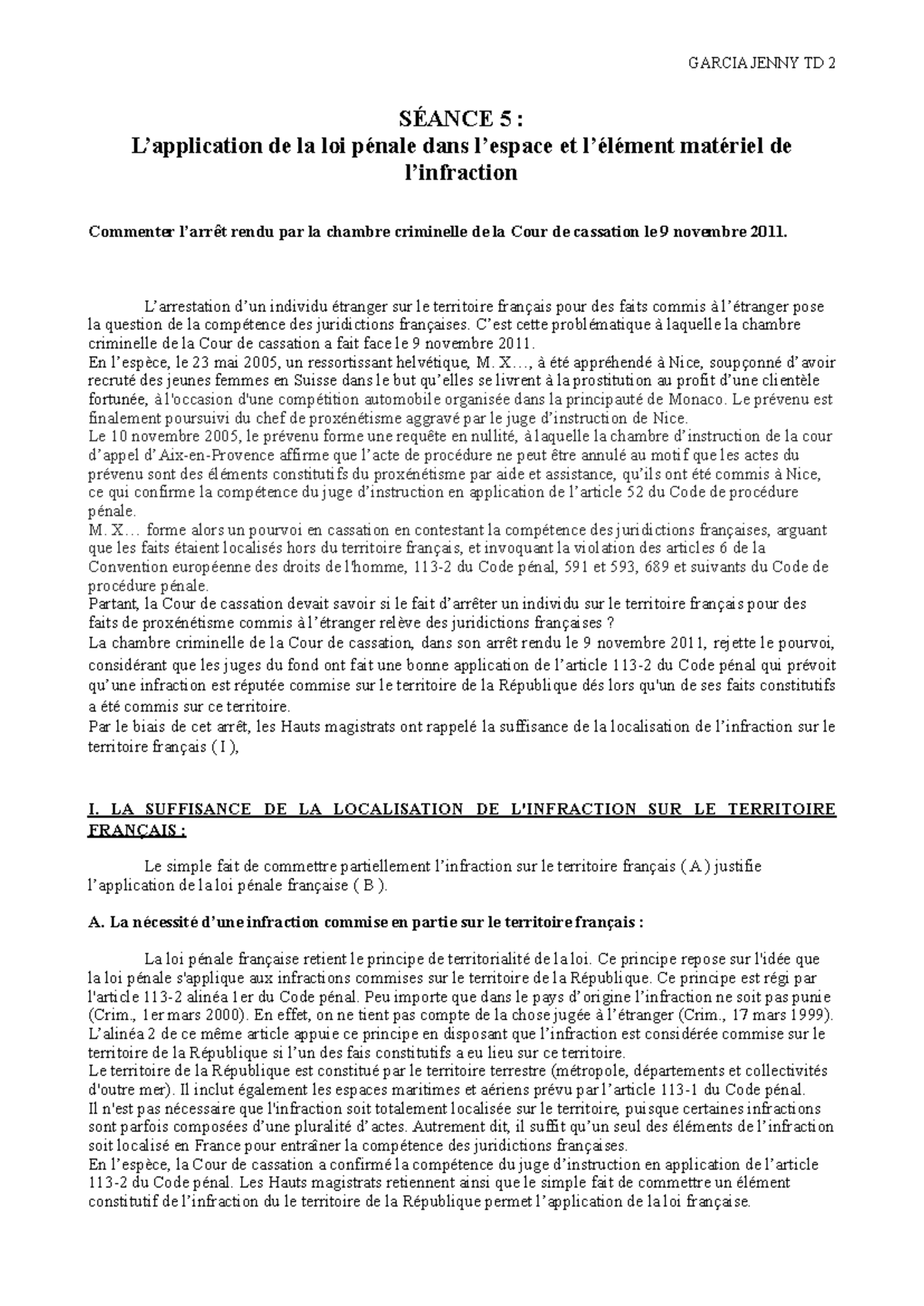 Td penal application loi dans l'espace - GARCIA JENNY TD 2 SÉANCE 5 : L’application de la loi ...
