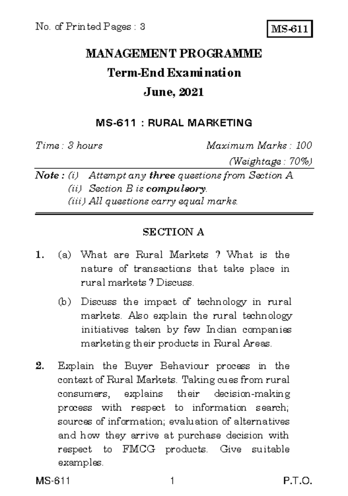MS-611 - bio chemistry - MS-611 1 P.T. MS- MANAGEMENT PROGRAMME Term-End Examination June, 2021 ...