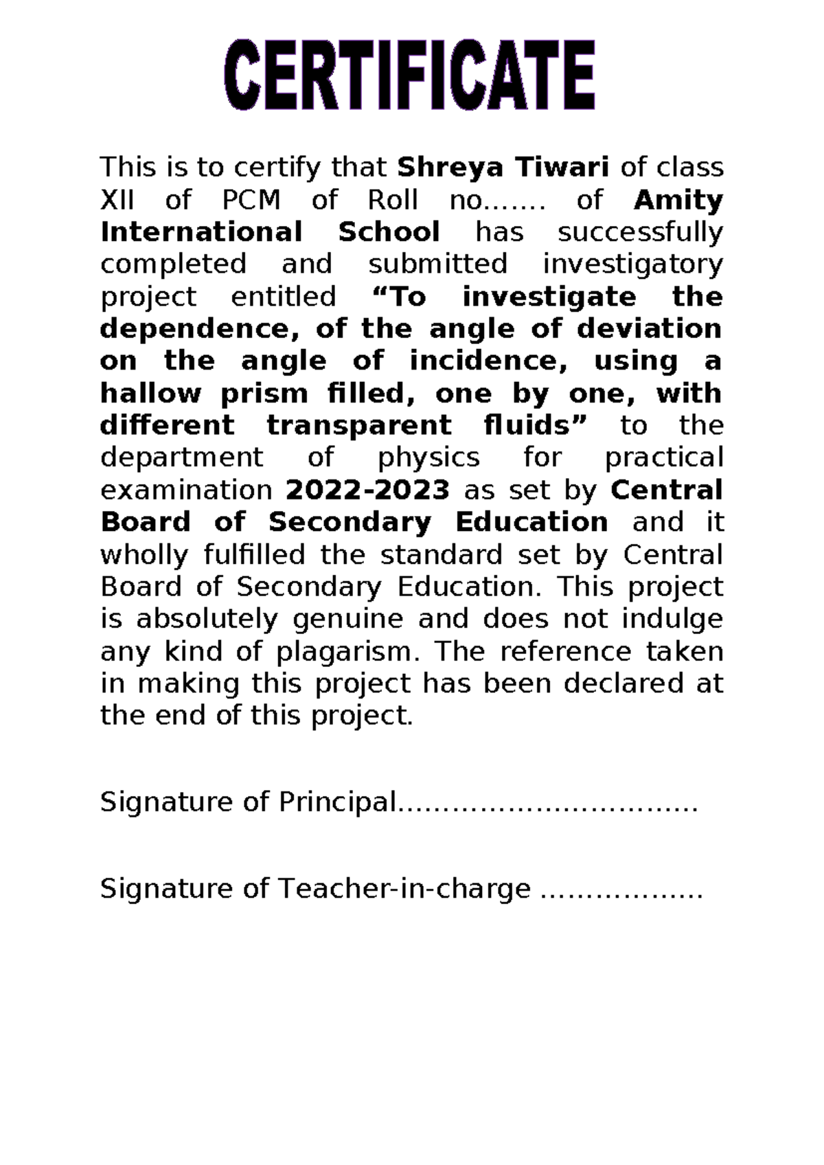 Physcs project.....clas 12th - This is to certify that Shreya Tiwari of ...