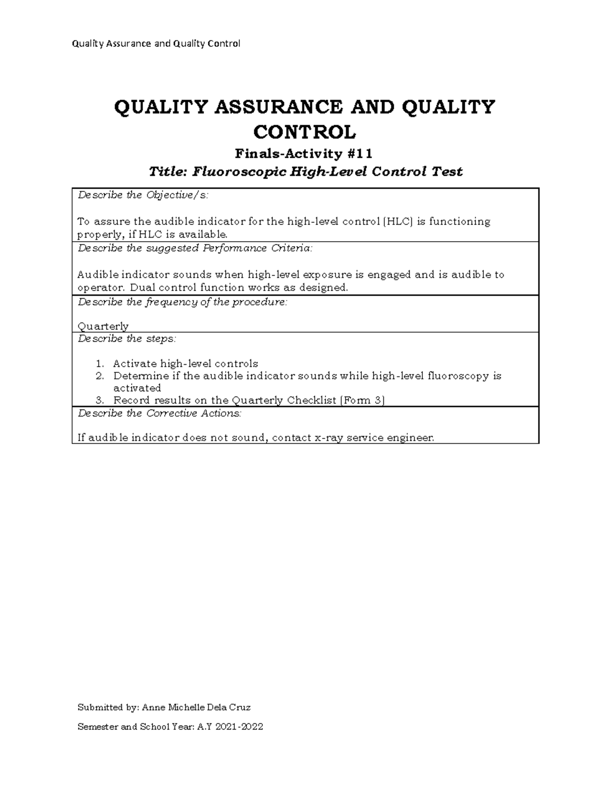 DELA CRUZ, AM-F-Act. No. 11 - Quality Assurance and Quality Control ...