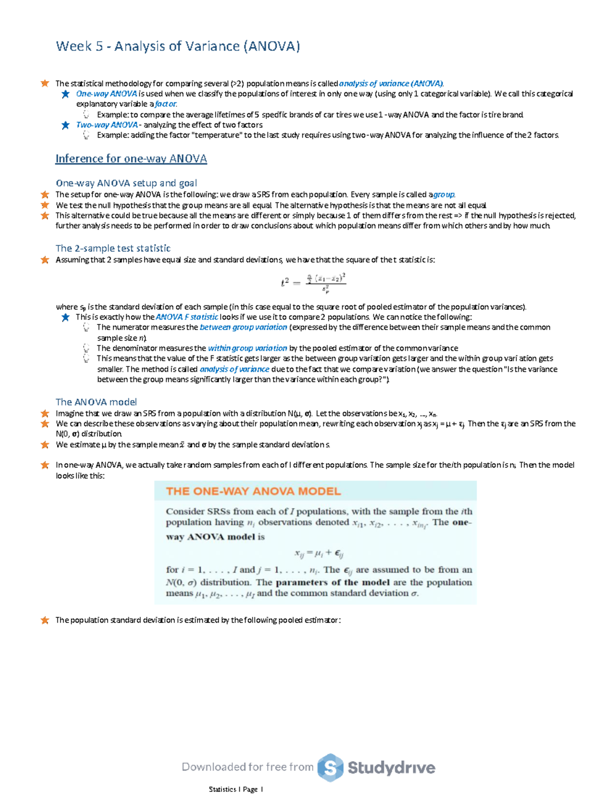 Week 5 - Analysis of Variance ( Anova) - The statistical methodology for comparing several (>2 ...