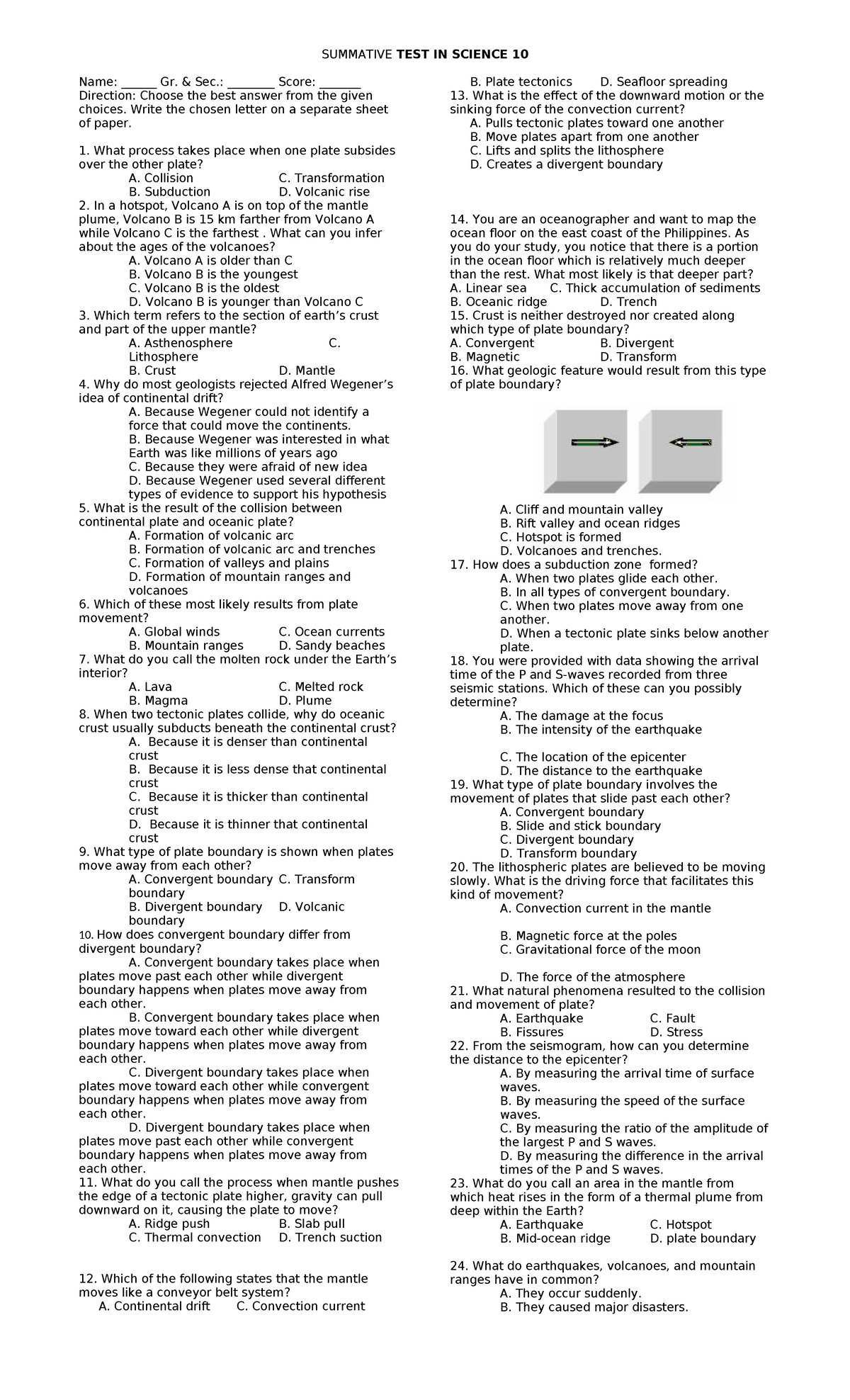 Summative TEST IN Science 10 - SUMMATIVE TEST IN SCIENCE 10 Name ...