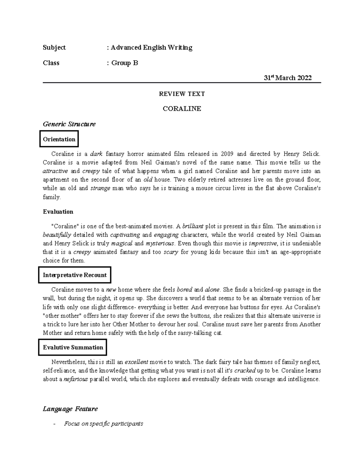 AEWriting - Review Text - Subject : Advanced English Writing Class ...