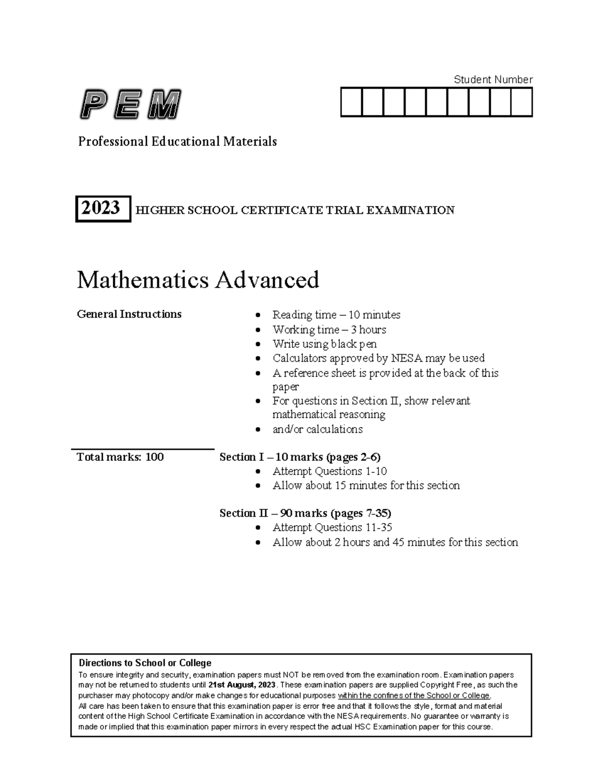 PEM 2023 2U wsols - math pp - Student Number Professional Educational ...