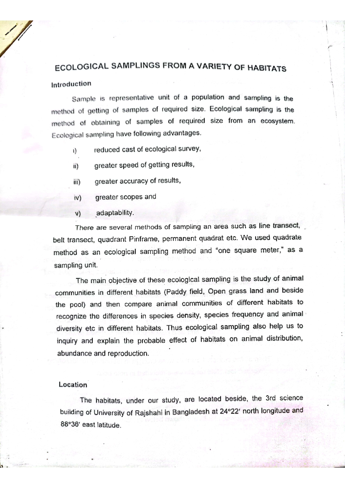 Practical upol sir Class-1 - ECOLOGICAL SAMPLINGS FROM A VARIETY OF HABITATS Introduction Sample ...