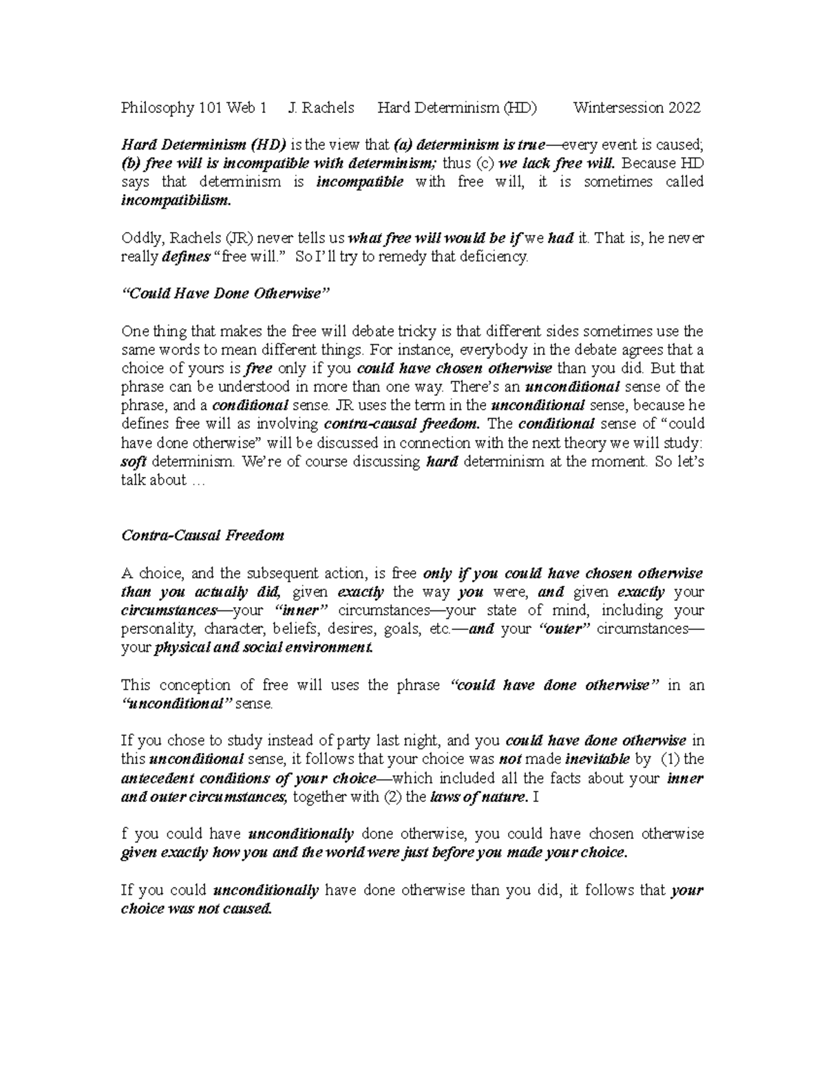 Hard determinism - lecture notes - Philosophy 101 Web 1 J. Rachels Hard ...